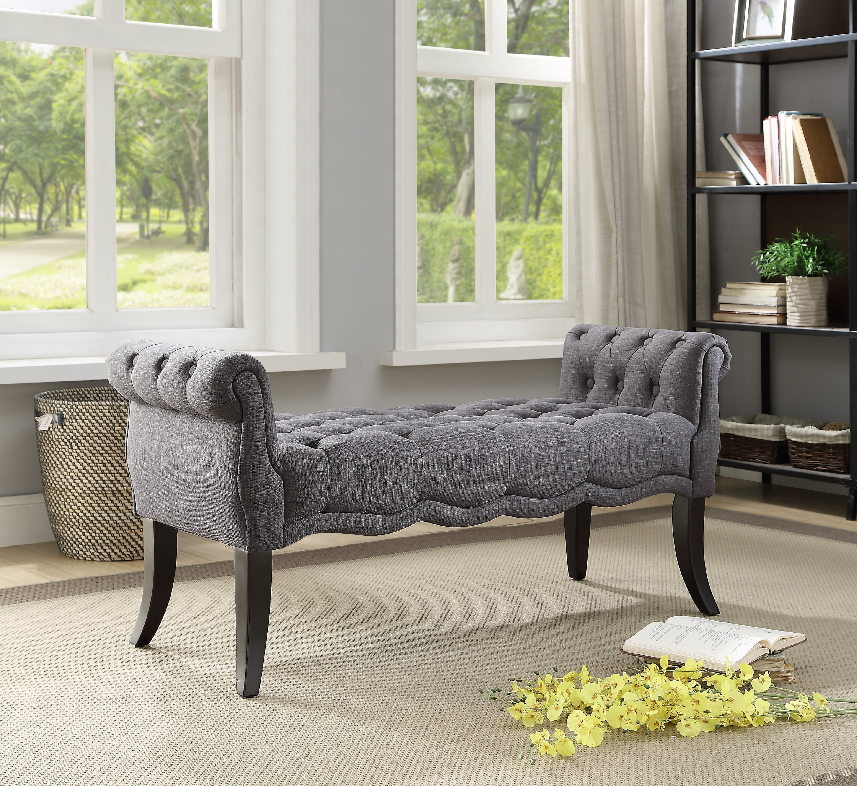 Linon Menlo Rolled Arm Button Tufted Bench, Dark Espresso Finish with ...