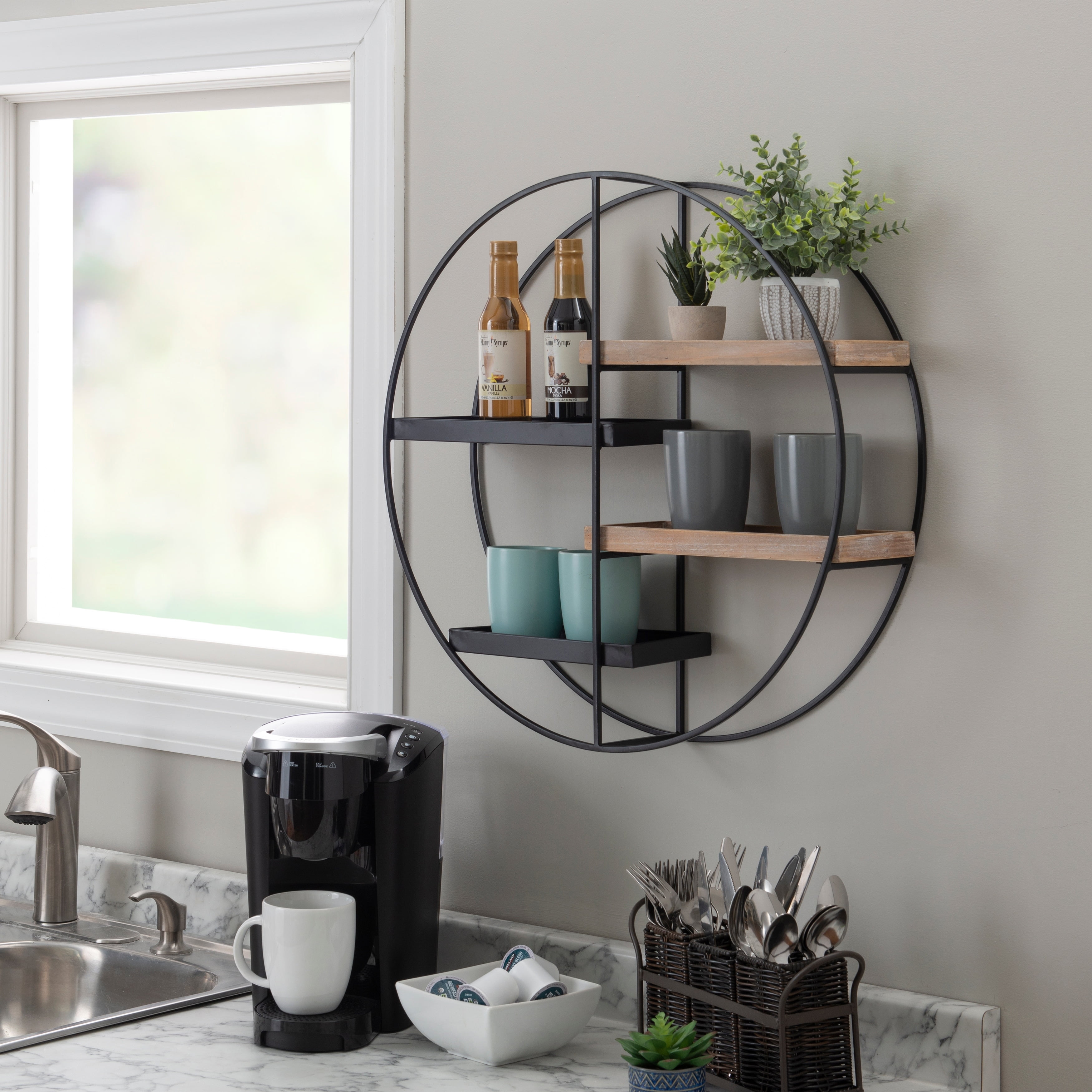 Linon Montfort Round Modern Metal and Wood 4-tier Hanging Wall Shelf ...
