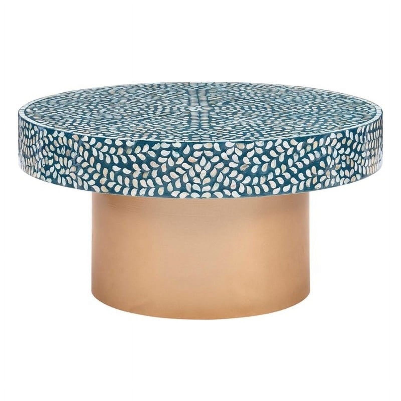Linon Peyton Farmhouse Wood Capiz Drum Coffee Table in Teal Blue ...