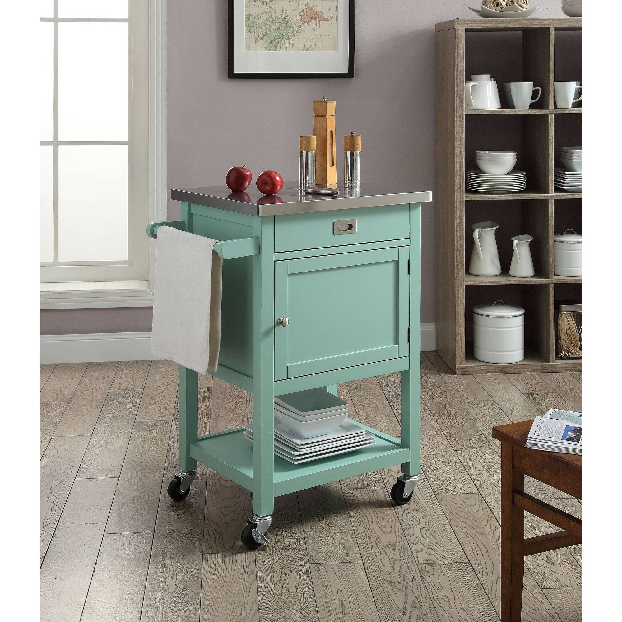 Linon Sydney Mobile Kitchen Storage Cart with Stainless Steel Top and ...