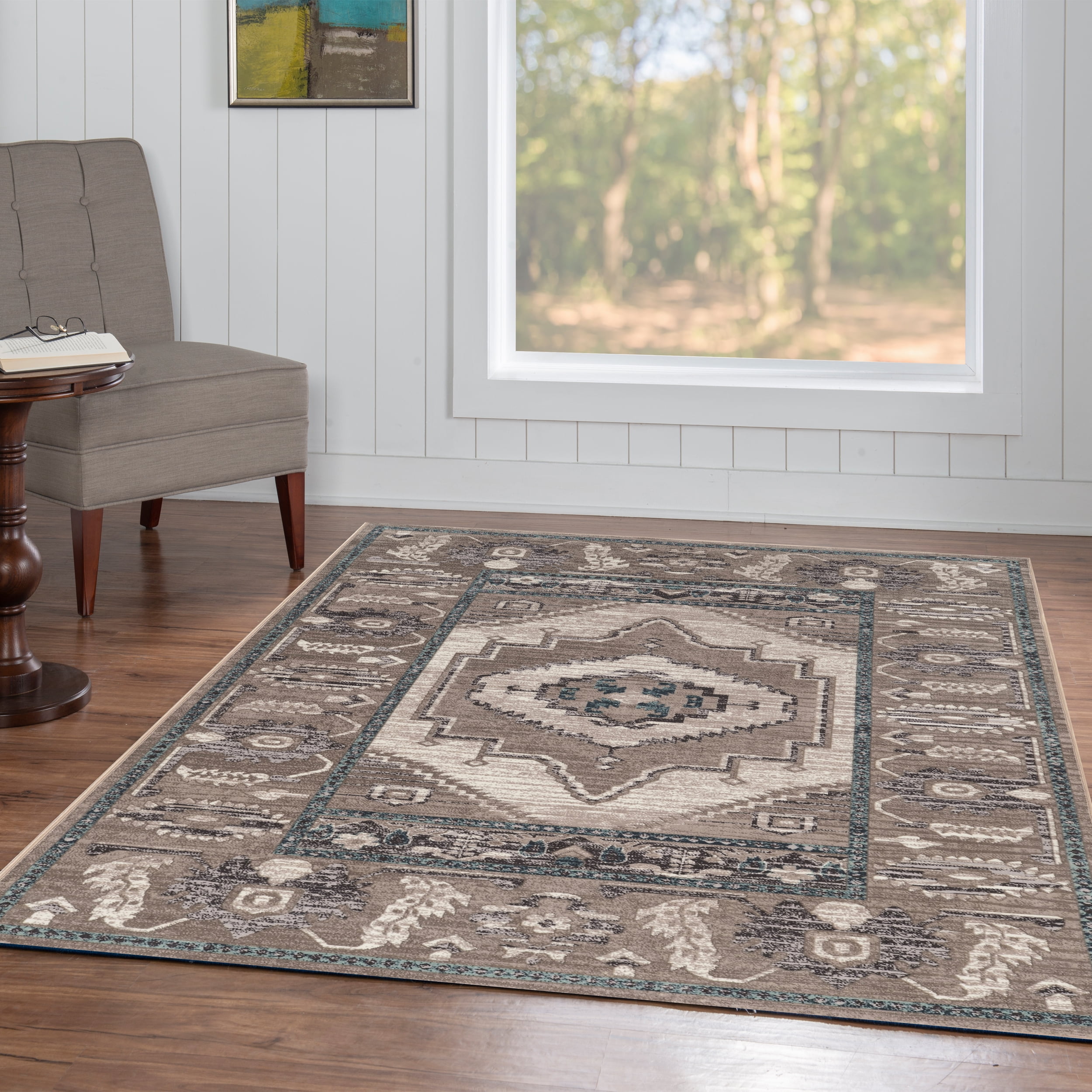 Linon Vintage Gray and Blue Aztec Area Rug, 5' x 7.6' - Walmart.com