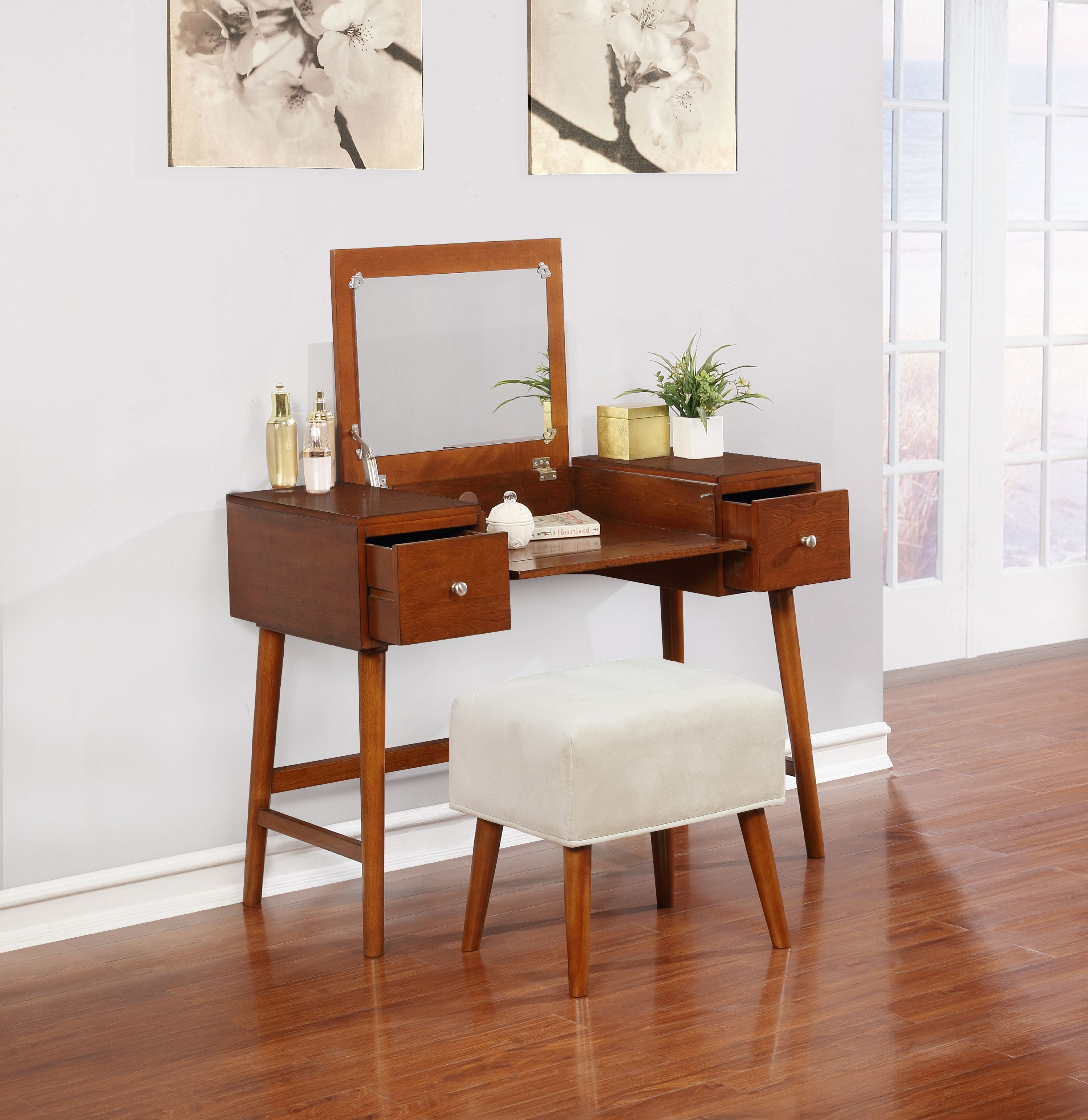 Linon Viola Vanity Set with Stool, Storage Drawers, and Flip Top Mirror ...