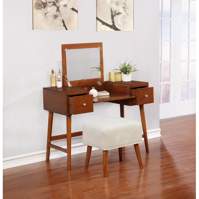 Linon Viola Vanity Set with Stool, Storage Drawers, and Flip Top Mirror ...
