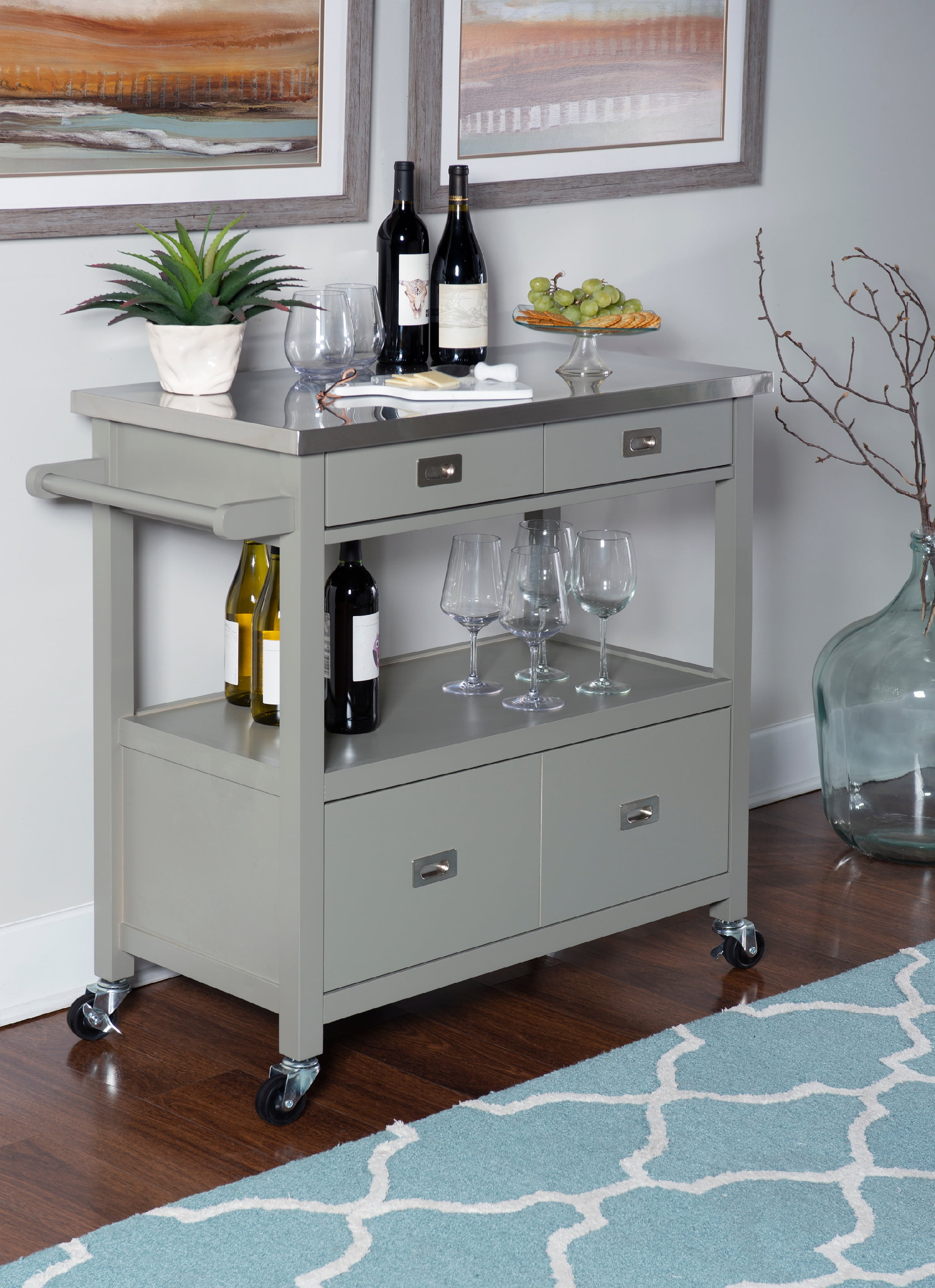 Linon Yates 2-Tier Mobile Serving Cart with Stainless Steel Top, 34 ...