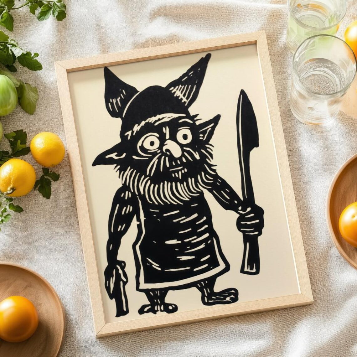 Linoprint Kitchen Goblin Art, Weird Elf Troll Occult Wall Art, Quirky ...