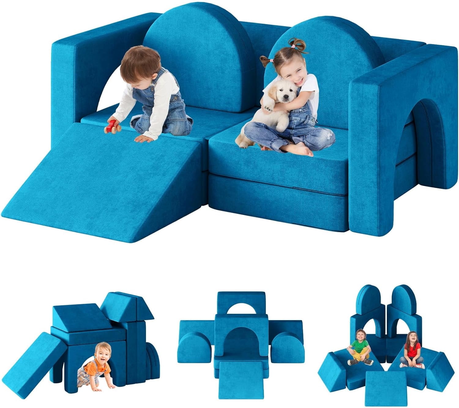 Linor 10PCS Modular Kids Play Couch, Kids Couch with Climbing Slope ...