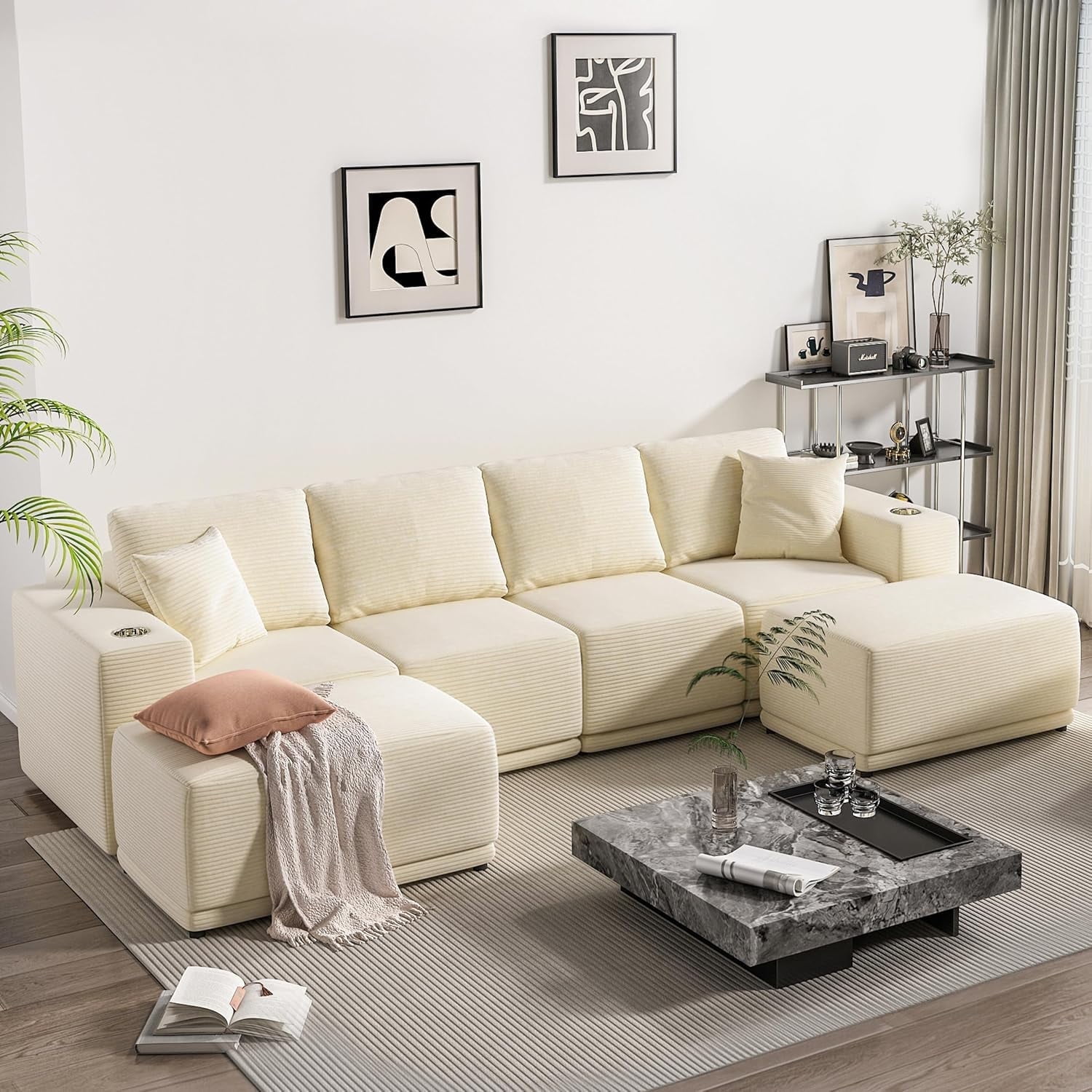 Linor 130" Modular Sectional Sofa, 4 Seats U Shaped Couch for Living ...