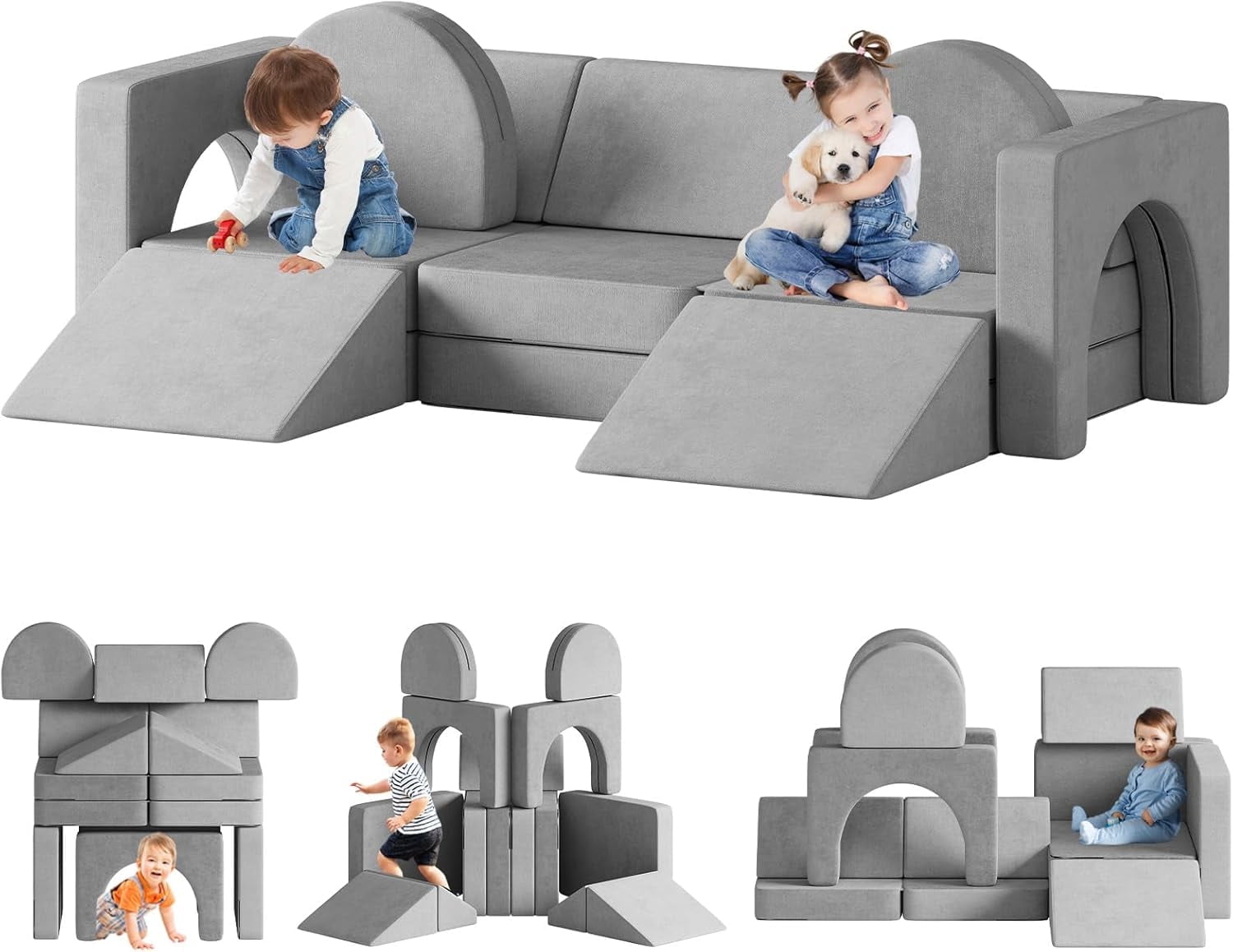 Linor 13PCS Modular Kids Play Couch, Kids Couch with Climbing Slope, 13 ...