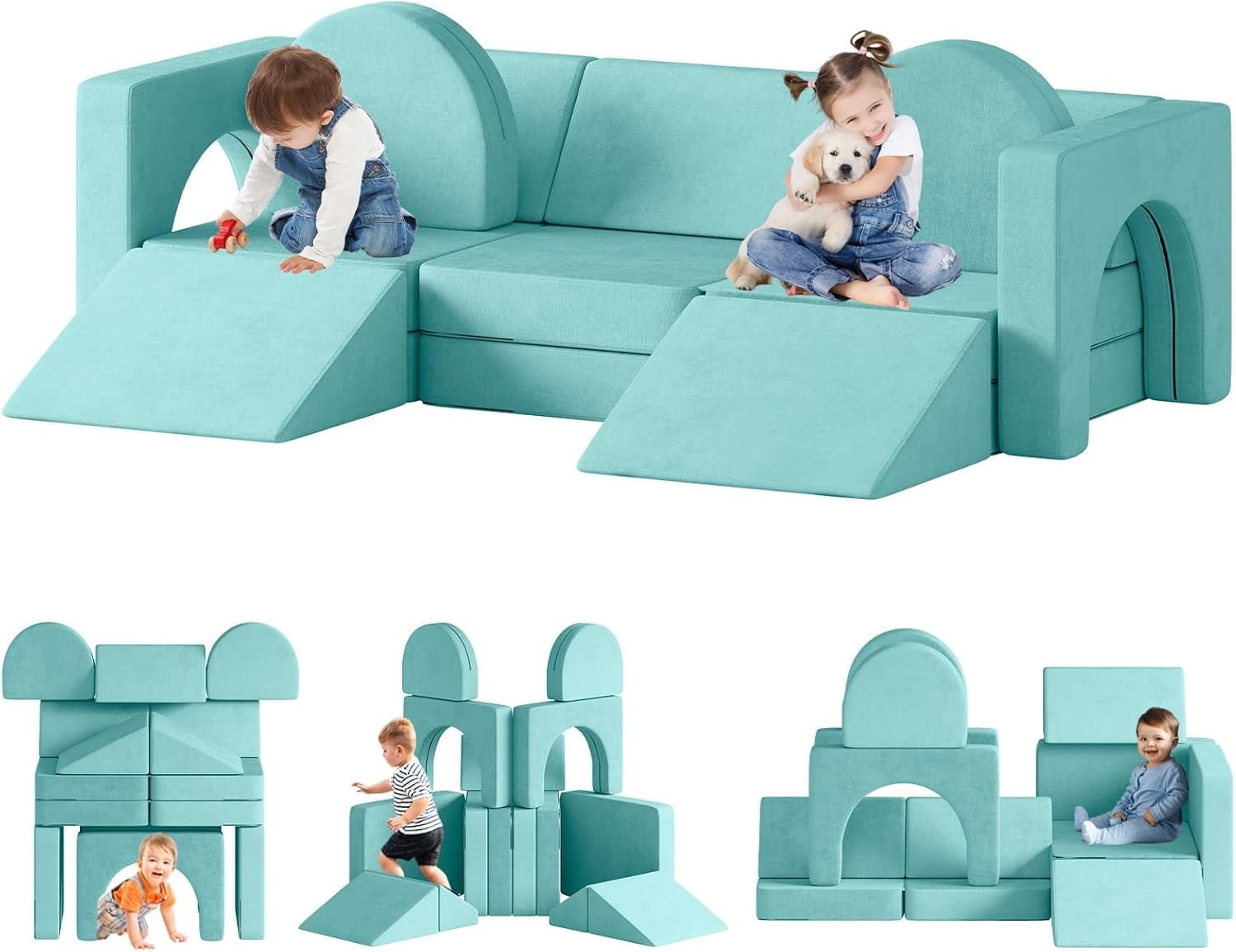 Linor 13PCS Modular Kids Play Couch, Kids Couch with Climbing Slope, 13 ...