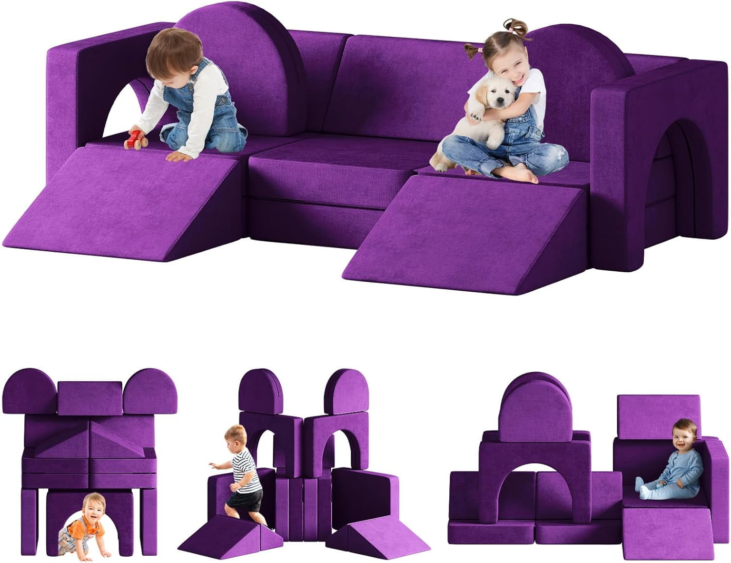 Linor 13PCS Modular Kids Play Couch, Kids Couch with Climbing Slope, 13 ...