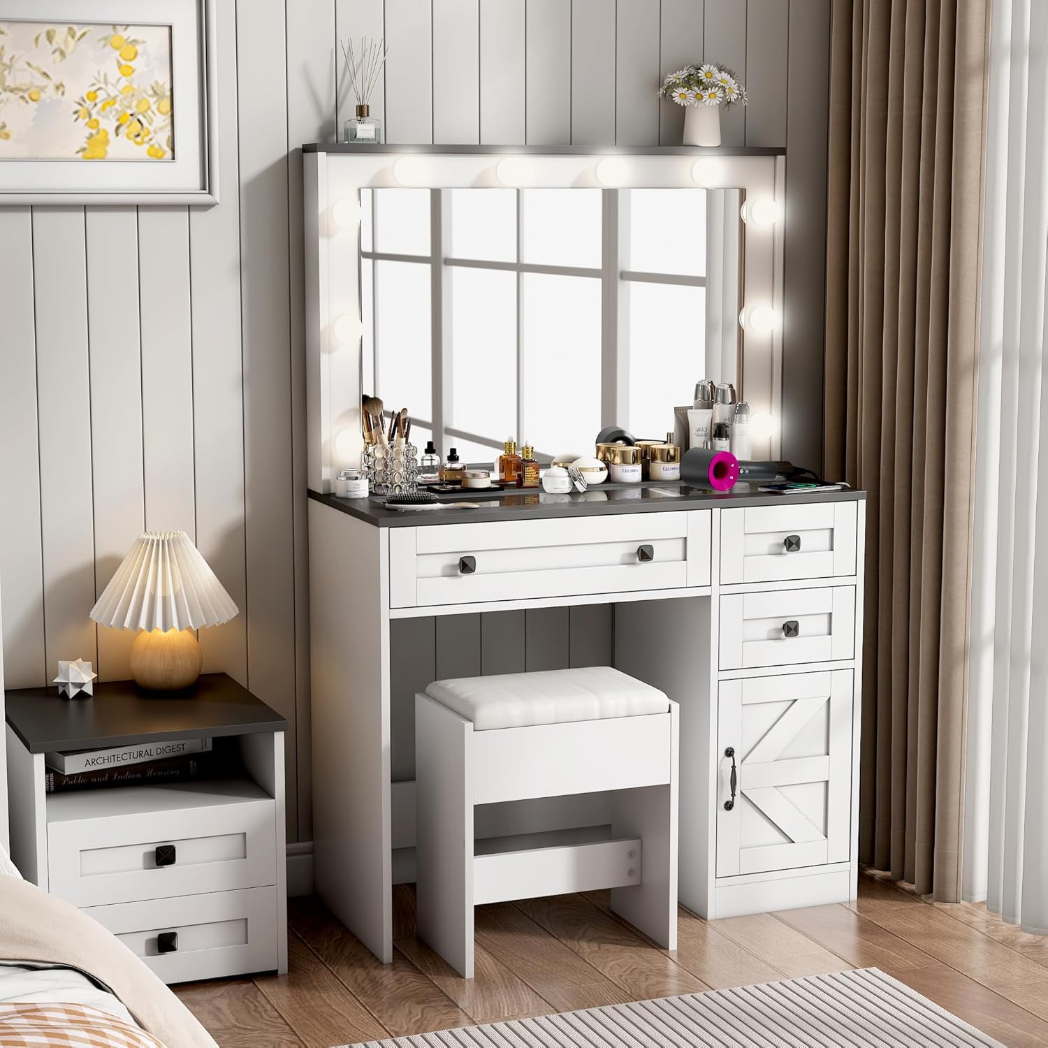 Linor 35.4" Makeup Vanity Desk with Mirror, Lights, and Chair ...