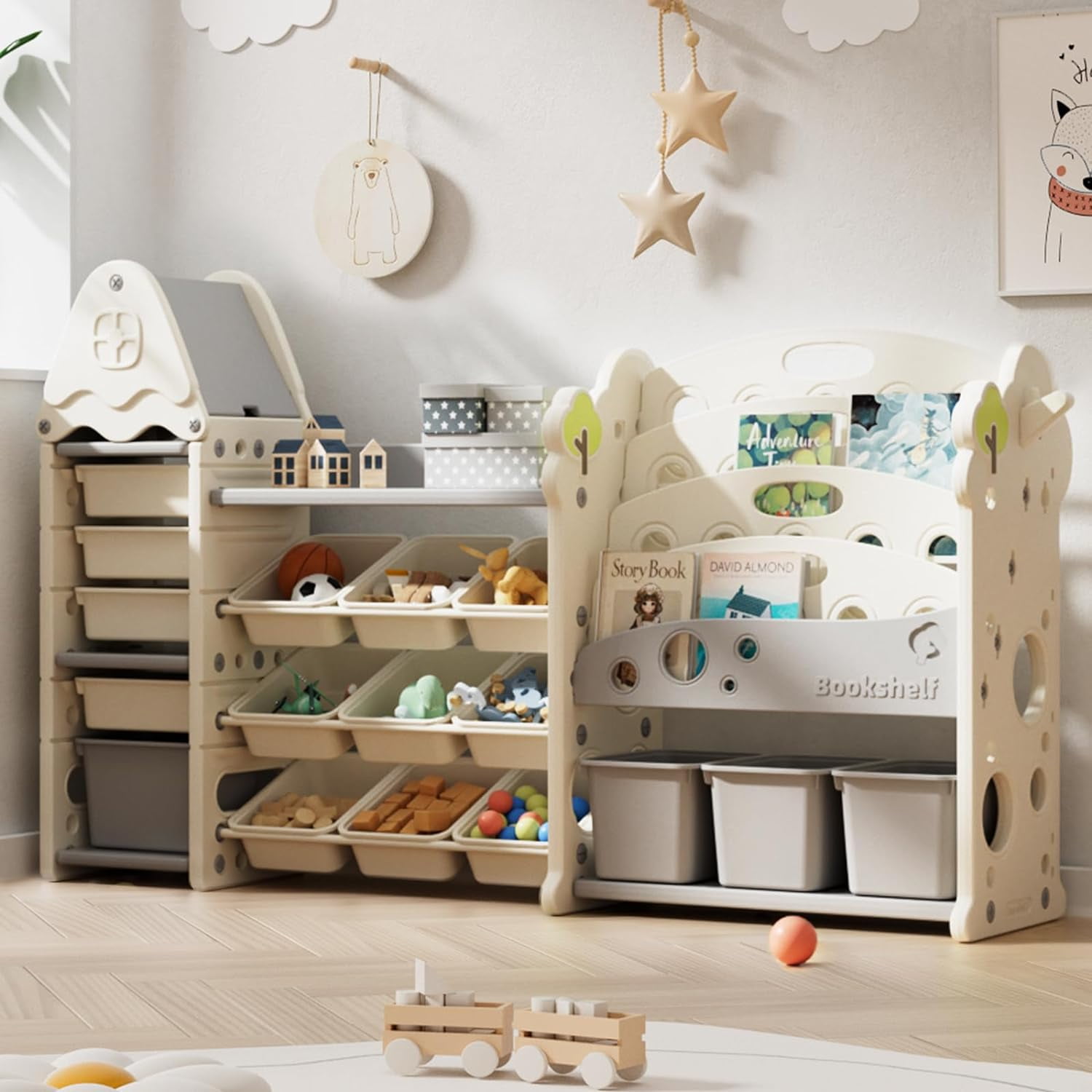 Linor 4-Tier Kids Toy Storage & Bookshelf, Castle Design with 17 Bins ...