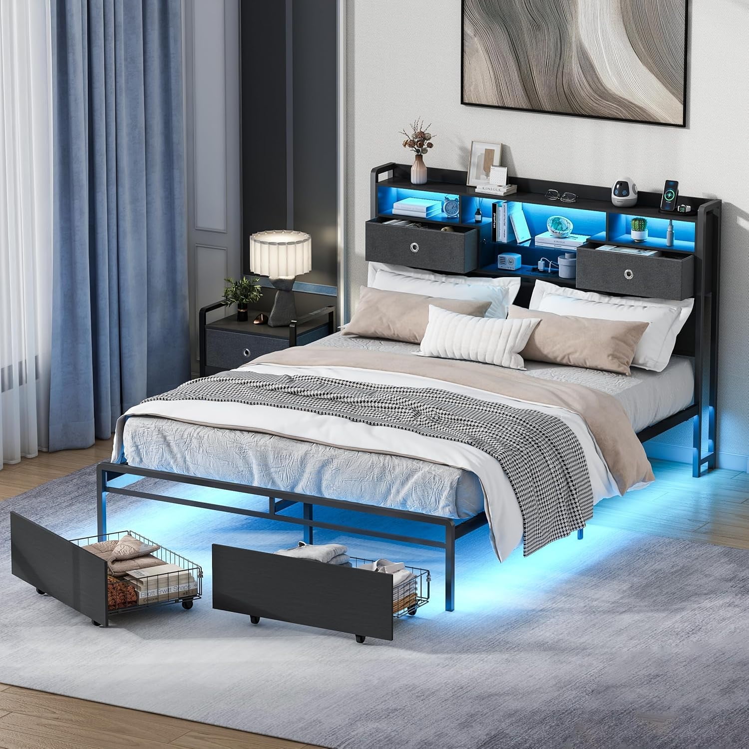 Linor Full Size Bed Frame with Drawer, Bed Frame Full Size with 3-Tier ...