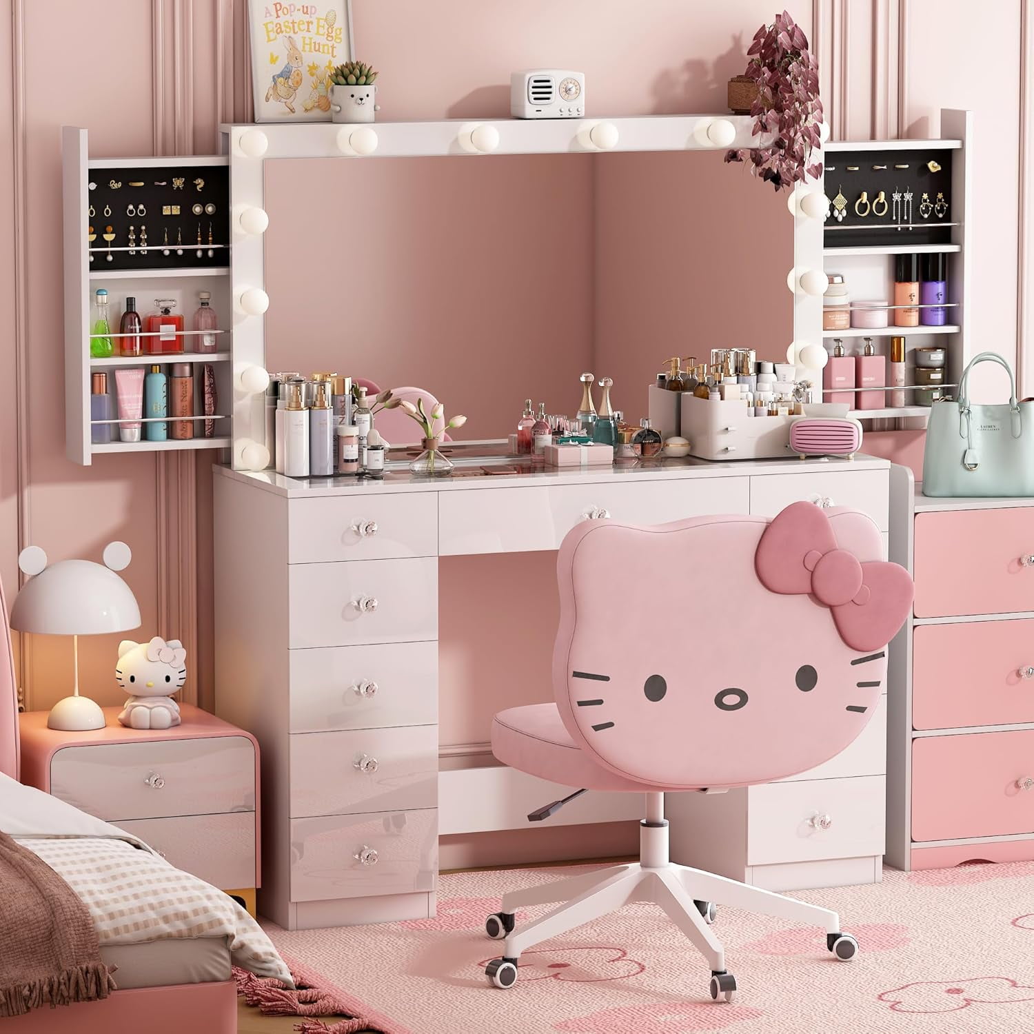 Linor Modern Adult Vanity Desk Set with Mirror, 14 LED Lights, 11 Drawers, Glass Top, White ...