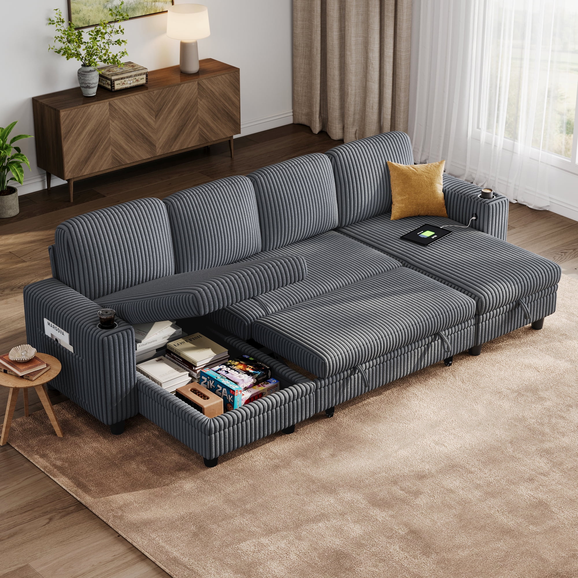 Linsy Home 106" Plush Corduroy Sleeper Sofa Bed with Storage Chaise ...