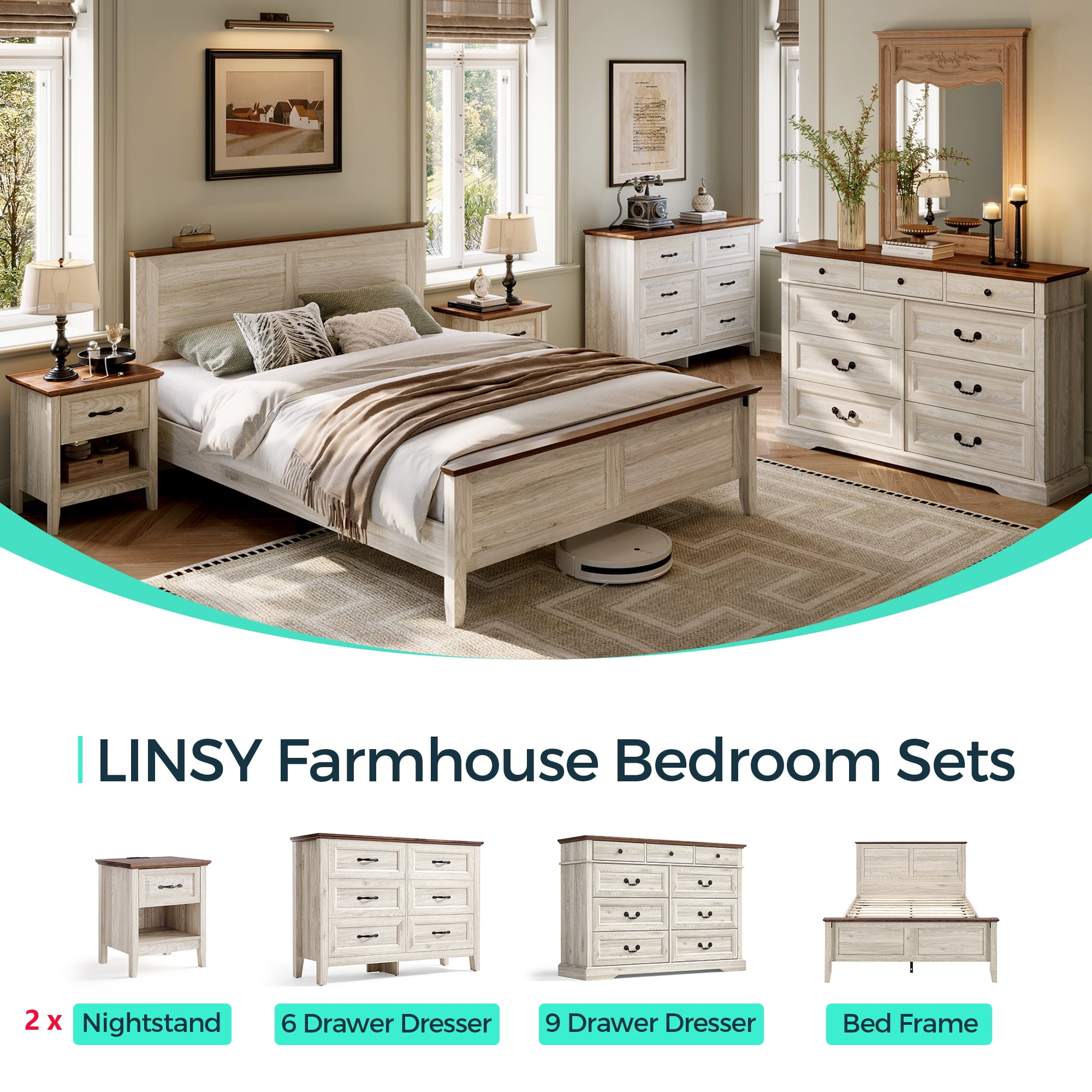 Linsy Home 5 Pieces Farmhouse Bedroom Furniture Set, Includes Full Size ...