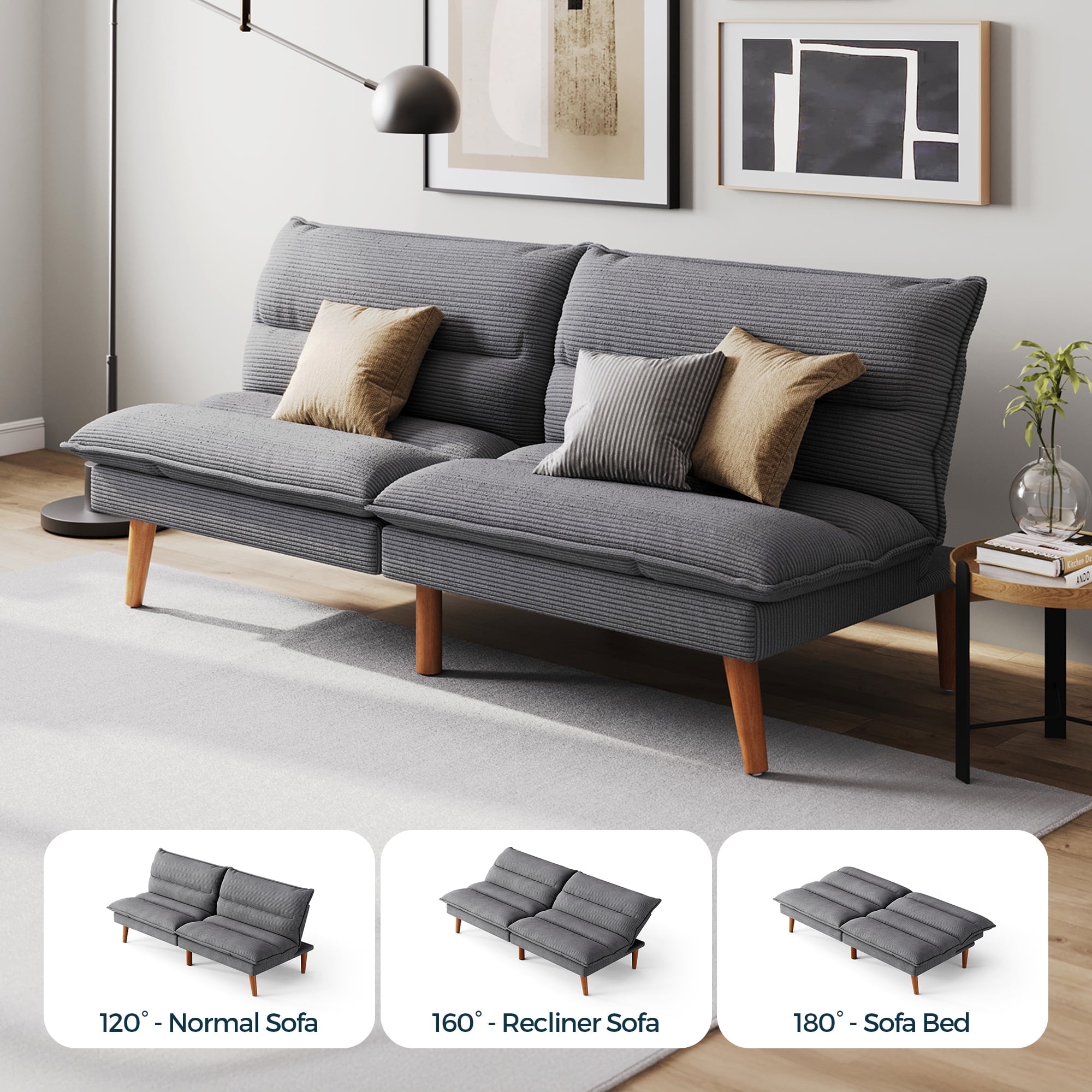 "Linsy Home 71"" W Corduroy Convertible Futon Sofa Bed, Dark Gray - Fabric Couch Furniture ...