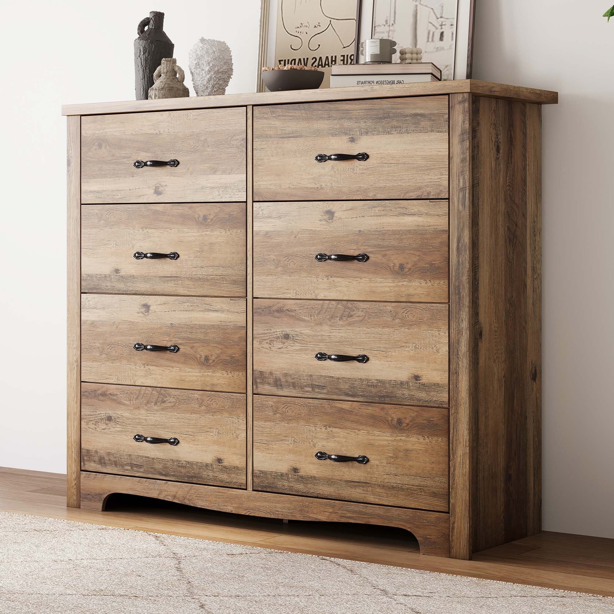 Linsy Home 8-Drawer Brown Double Dresser, Wood Storage Stand with ...