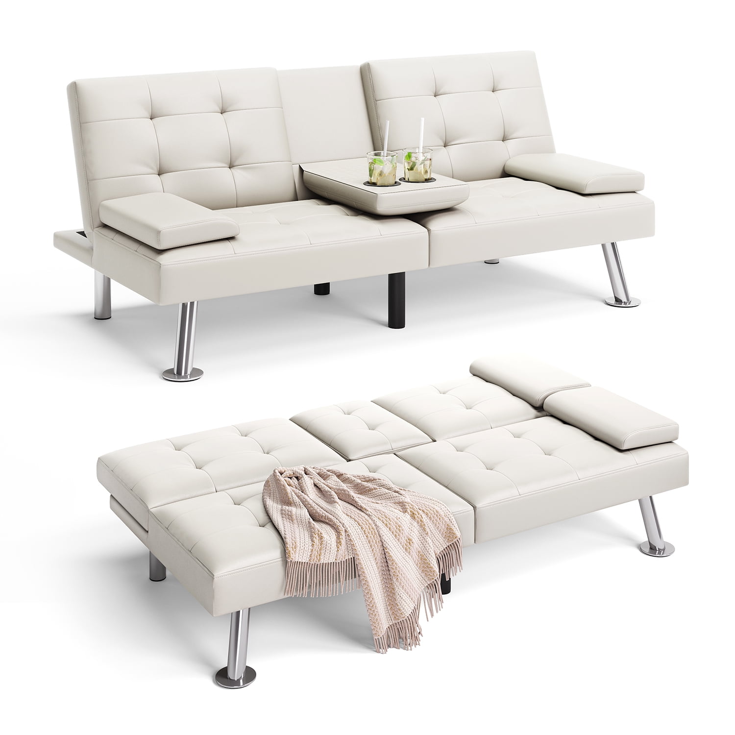 Linsy Home White Convertible Futon Couch, Modern Faux Leather ...
