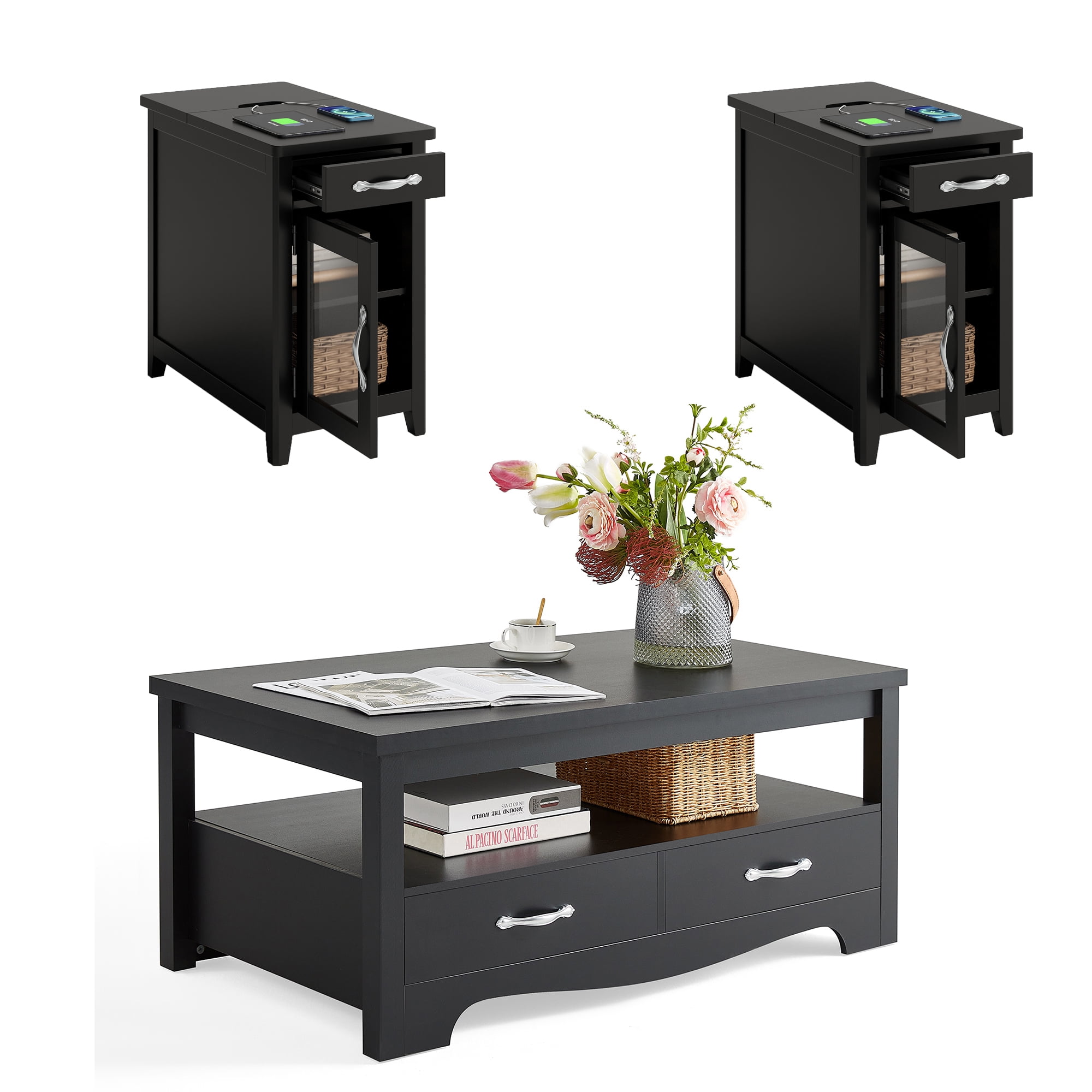 Linsy Home Farmhouse Coffee Table Sets 3 Pieces, Wood Living Room Table ...