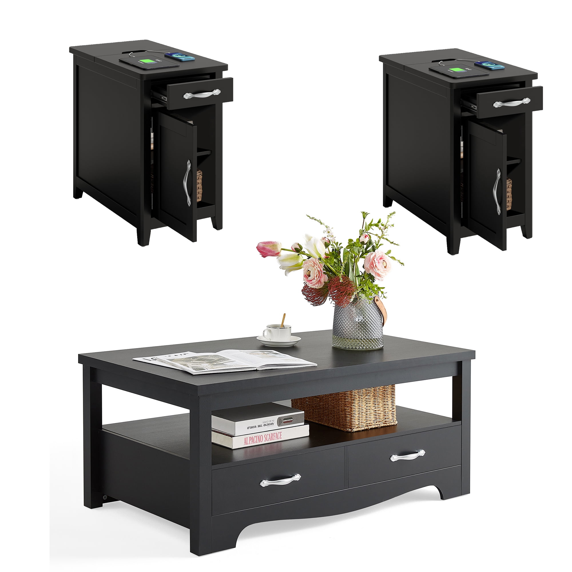 Linsy Home Farmhouse Coffee Table Sets 3 Pieces, Wood Living Room Table ...