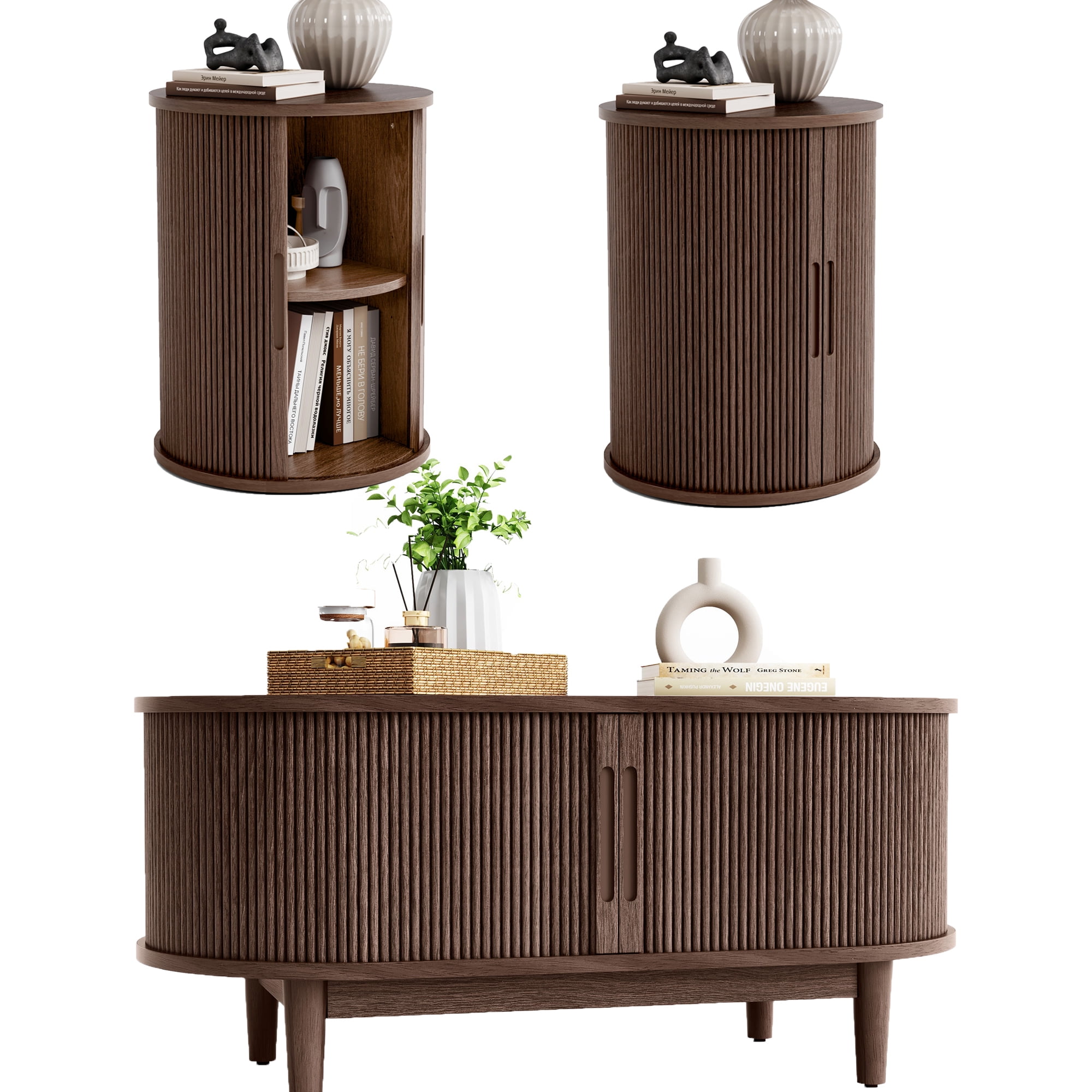 Linsy Home Fluted Coffee Table Sets 3 Pieces, Wood Living Room Table ...