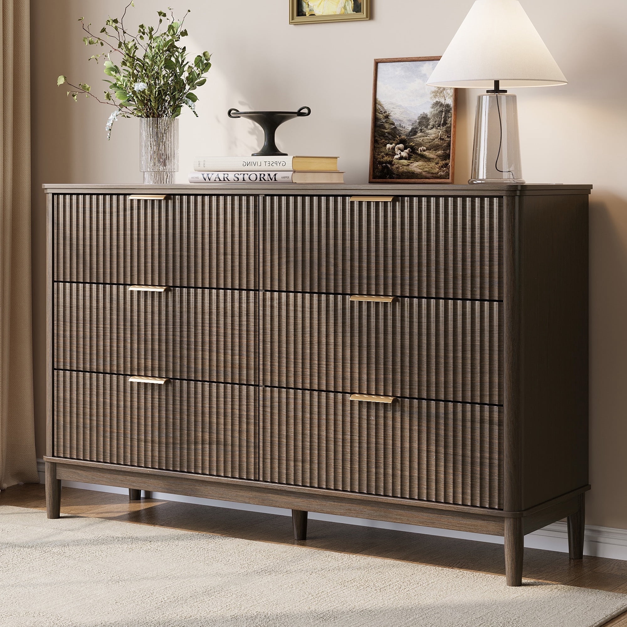 Linsy Home Fluted Dressers for Bedroom, Wide Chest of 6 Drawers, Dark ...
