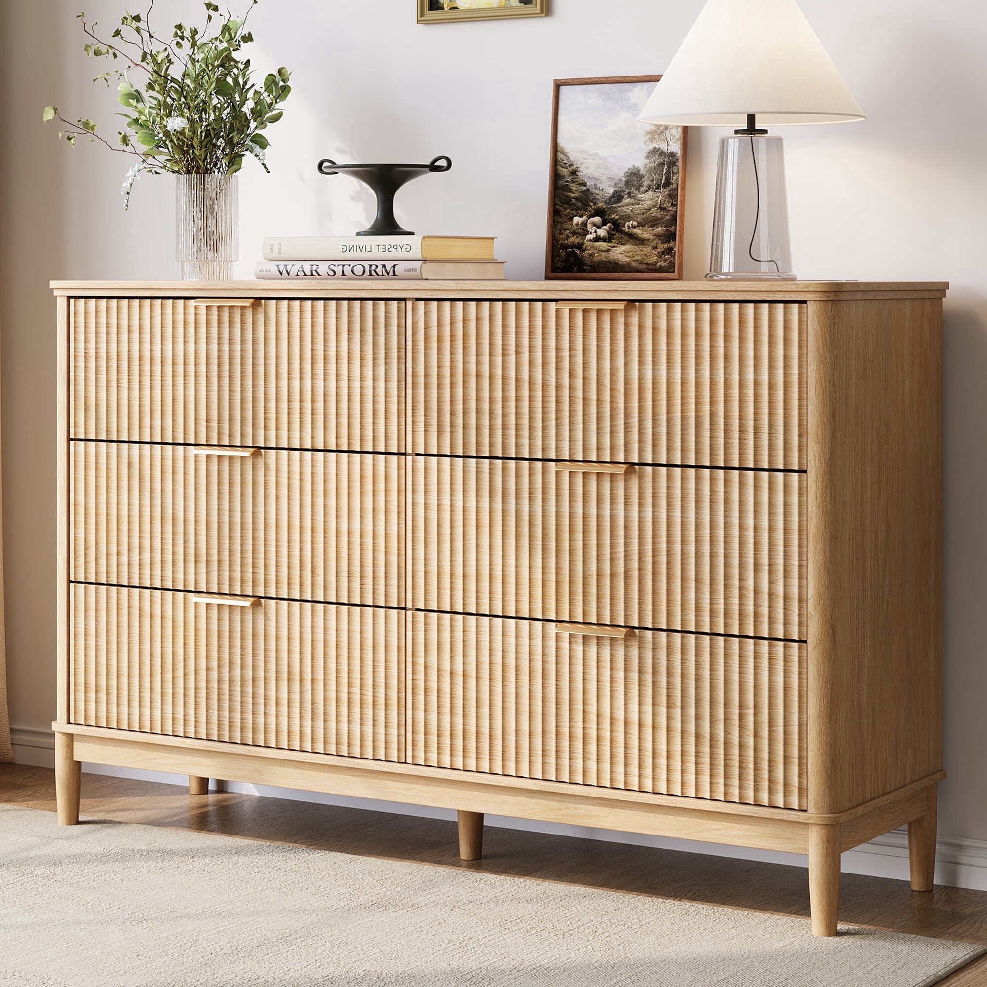 LINSY HOME Fluted Dresser, 6-Drawer Oak, Mid-Century Modern - Walmart.com