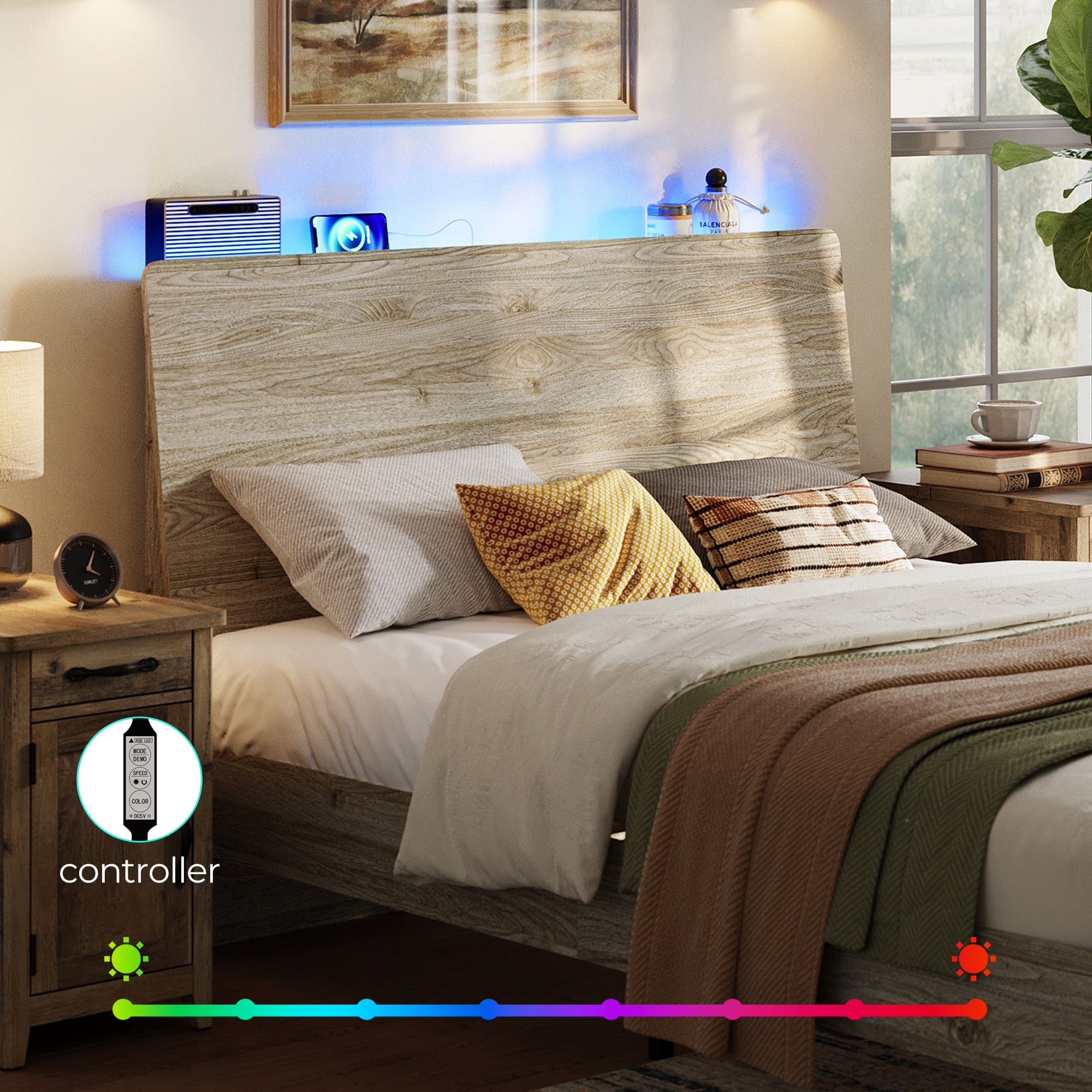 Linsy Home Full Bed Frame With Ergonomic Headboard & Storage Shelf ...