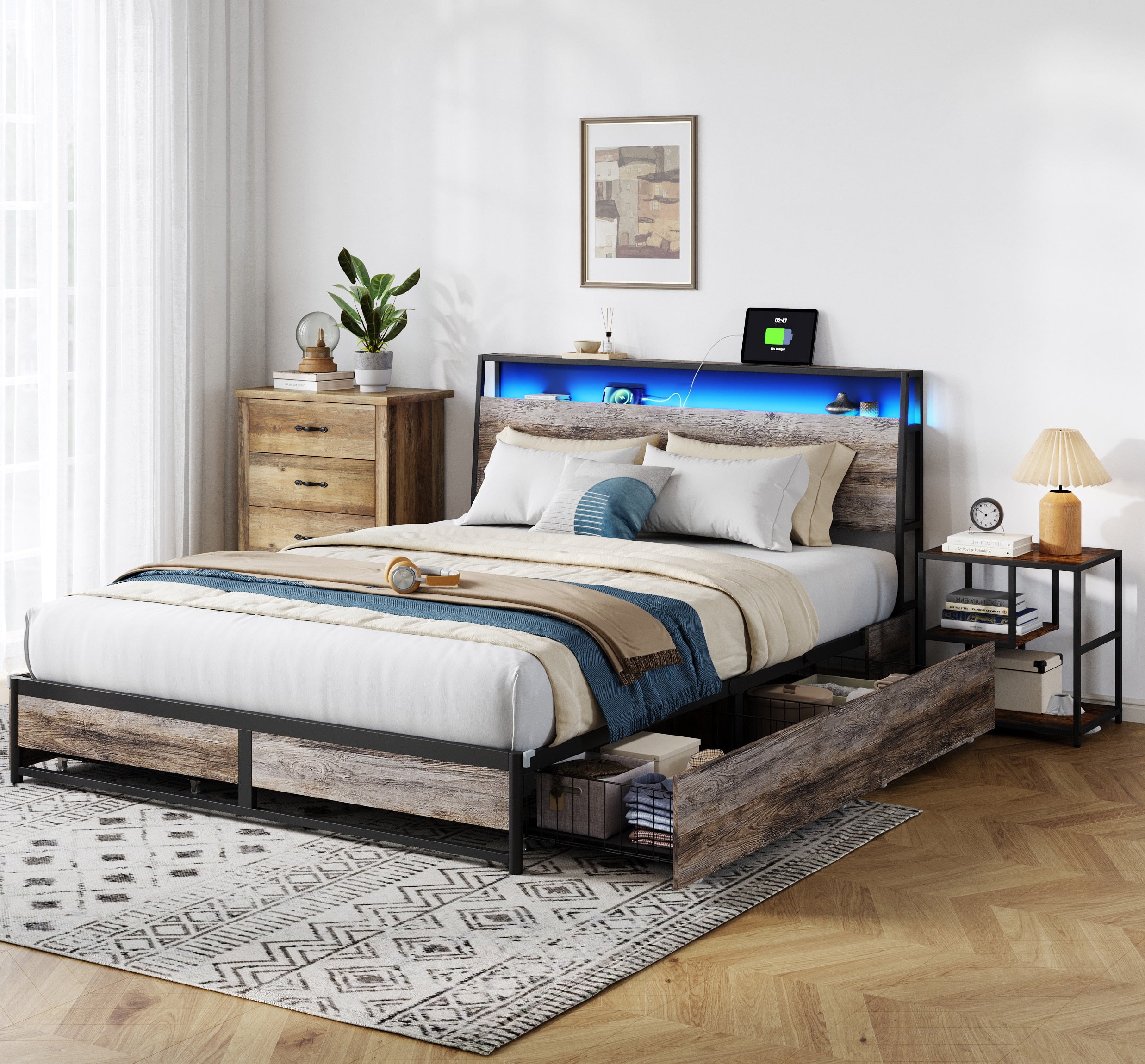 Linsy Home Full Size Bed Frame with Storage Headboard, 4 Drawers, No ...