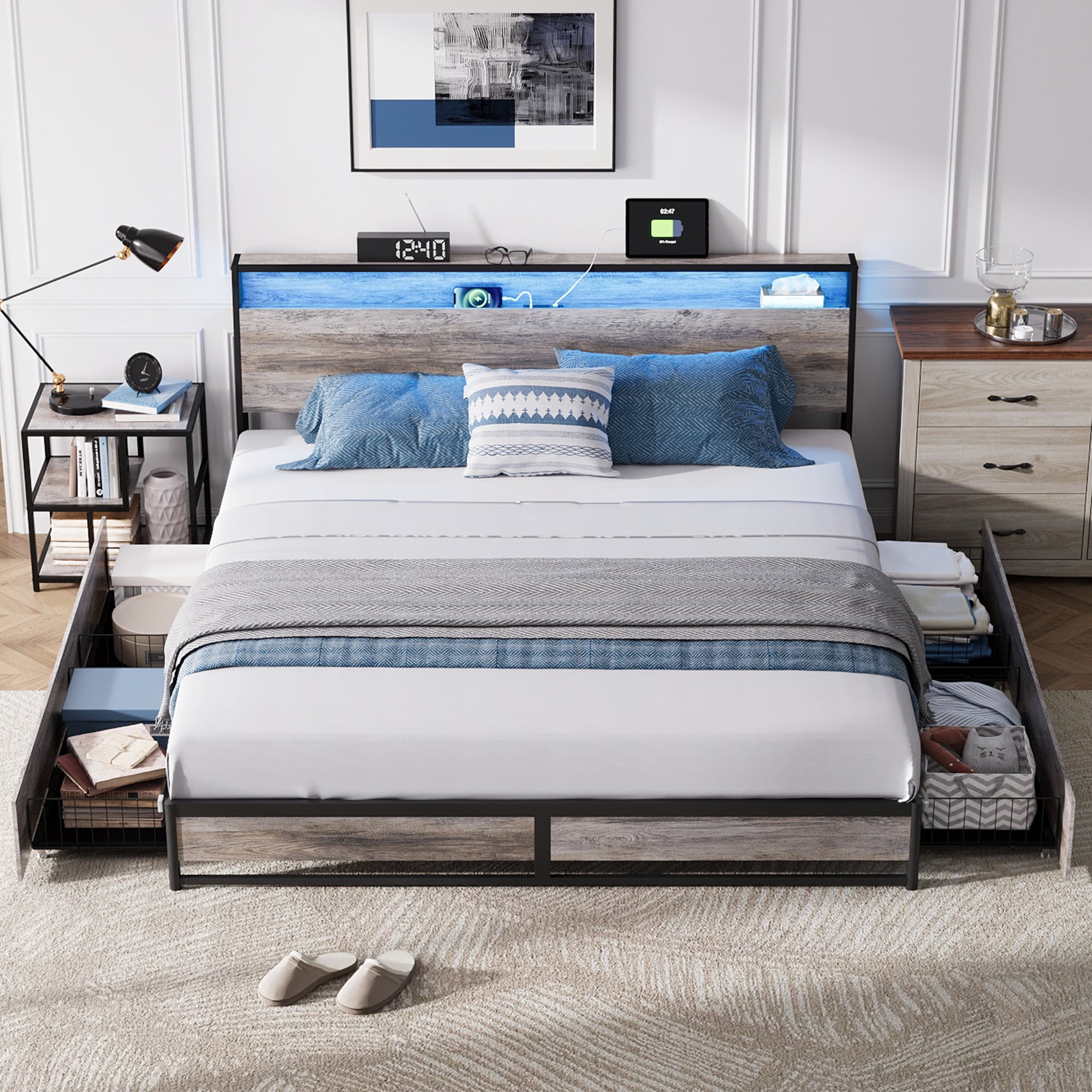 Linsy Home King Size Platform Bed Frame with Ergonomic Headboard and 4 ...