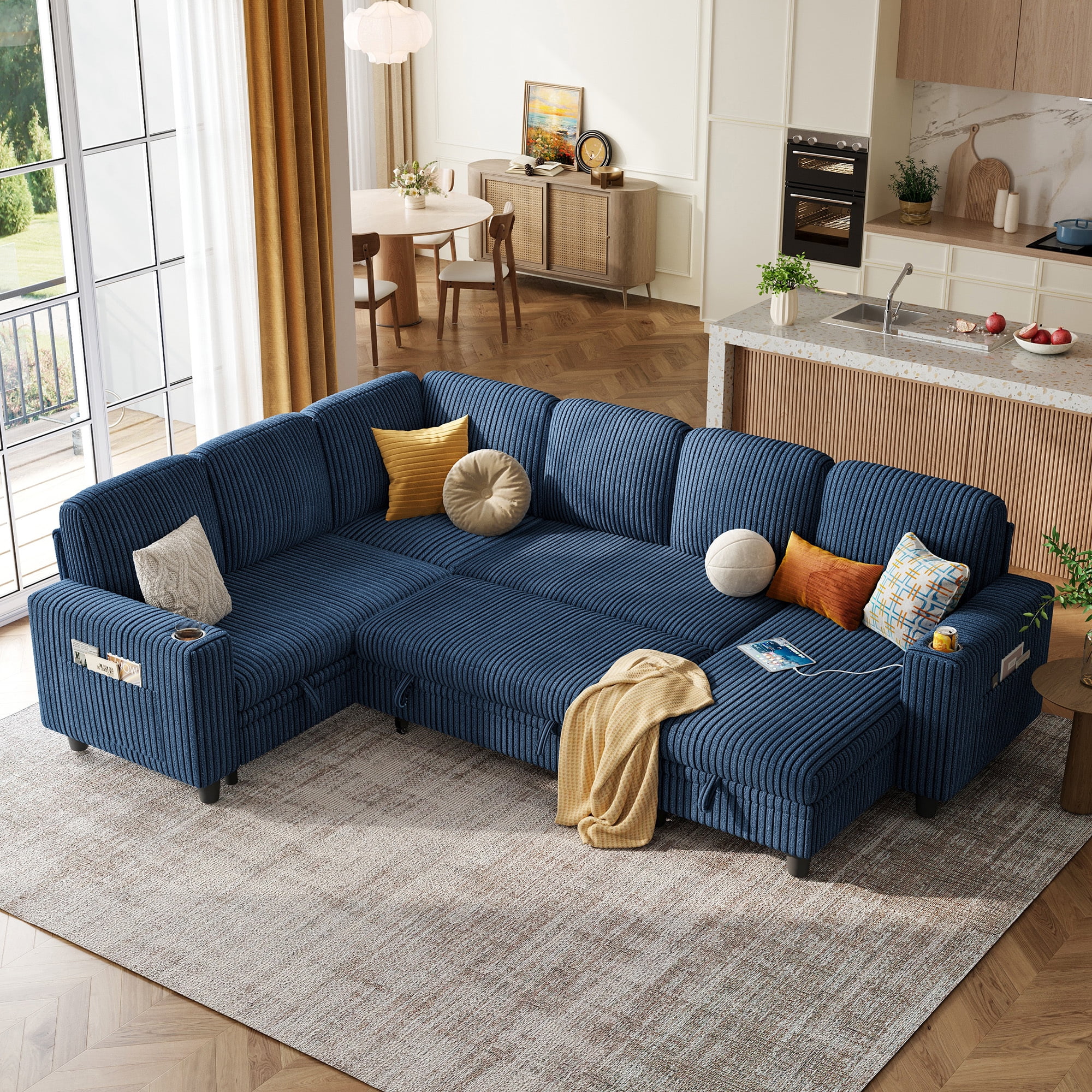 Linsy Home Oversized Modular Storage Sectional Sleeper Sofa with Pull Out Bed, Plush Corduroy ...