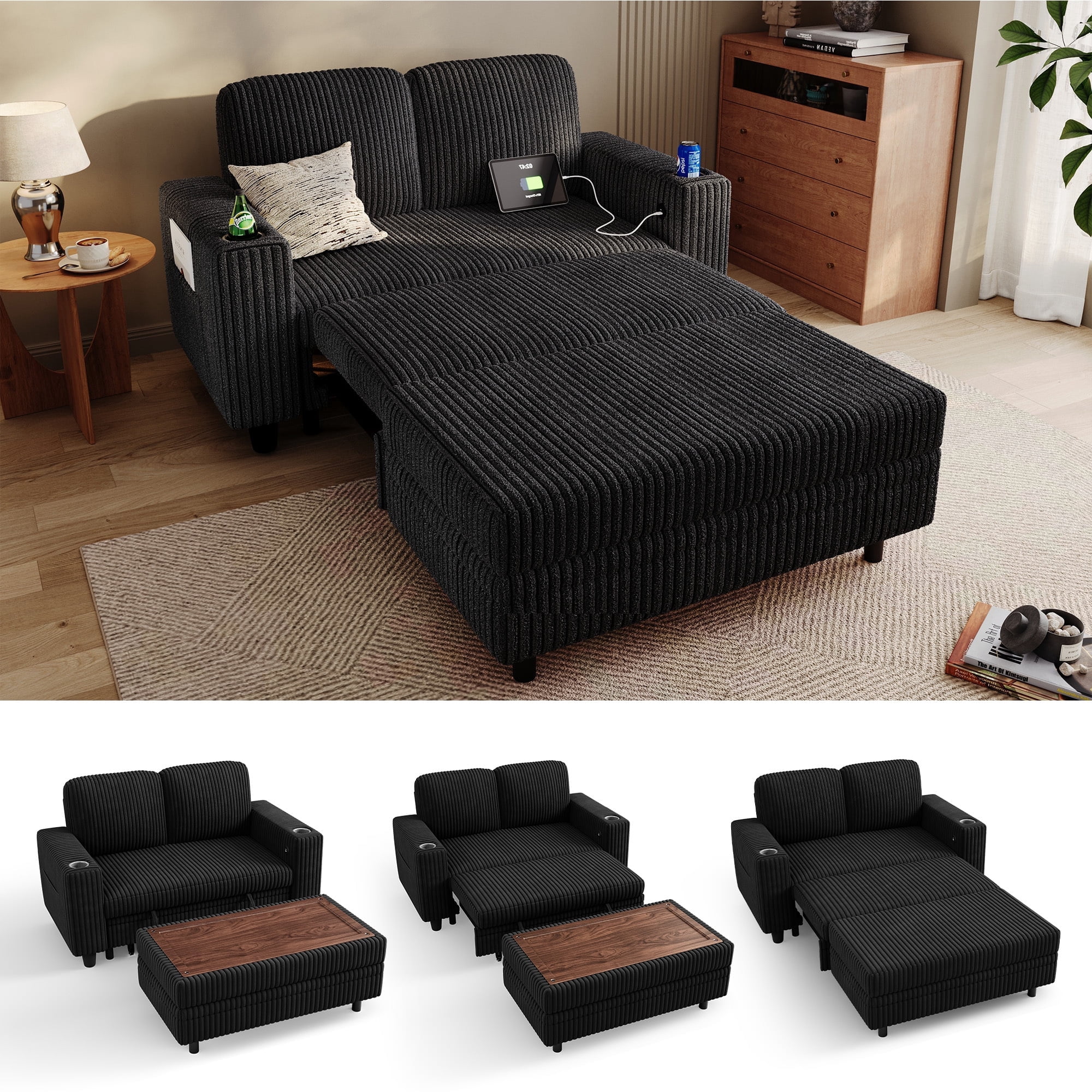 LINSY HOME Pull Out Couch Chaise Lounge, Plush Corduroy Convertible ...