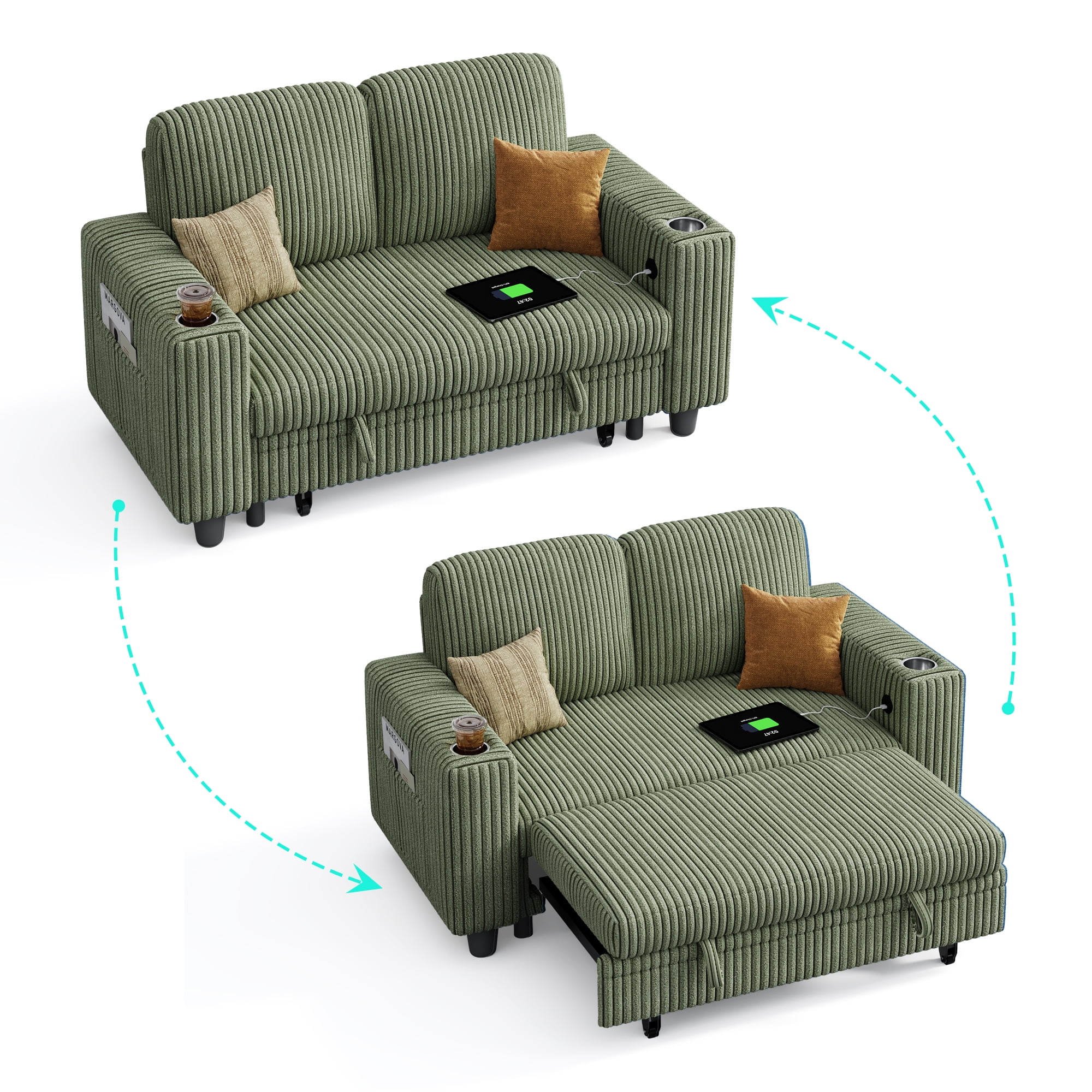 Linsy Home Plush Corduroy Pull Out Couch Chaise Lounge, Convertible ...