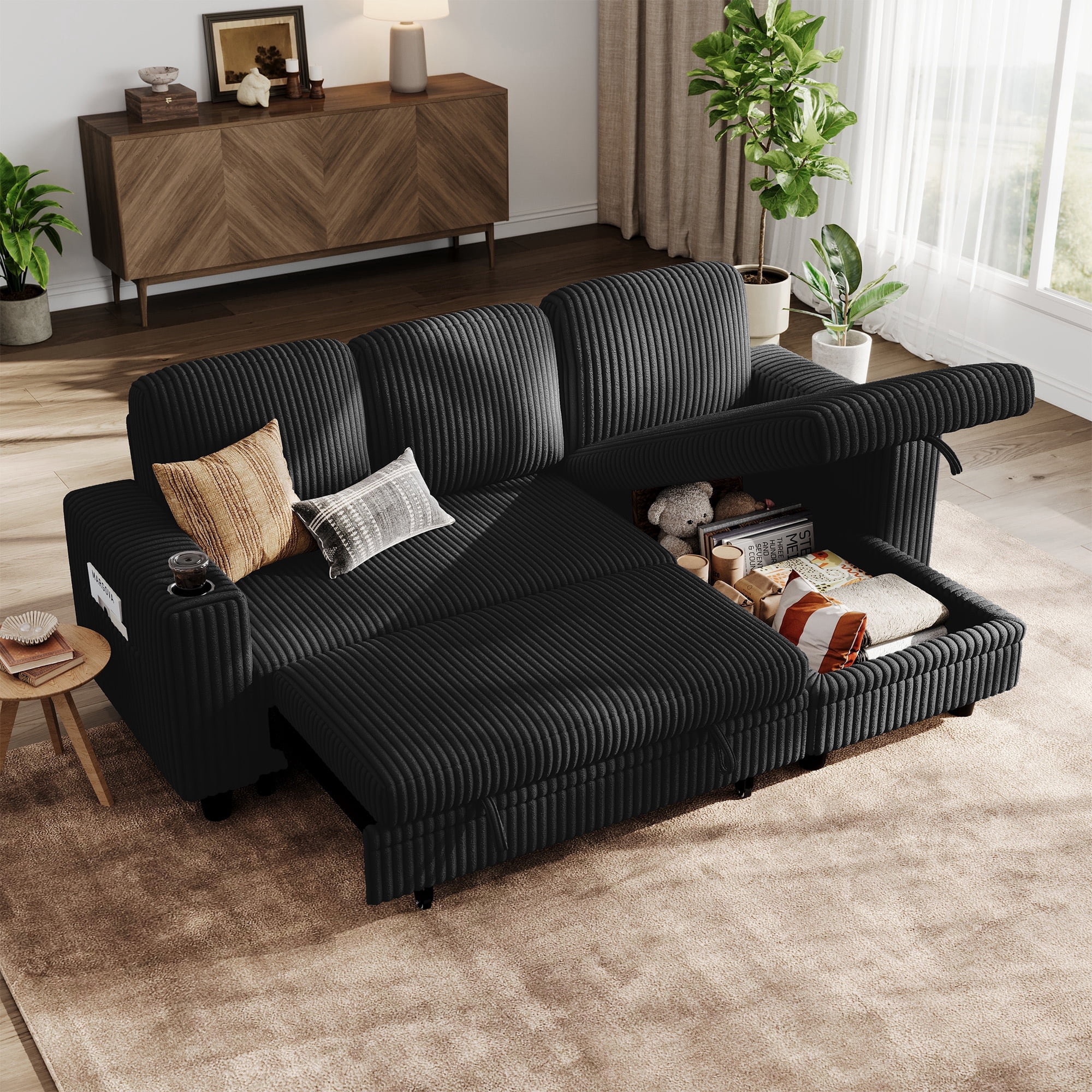LINSY HOME Plush Corduroy Sleeper Sofa Bed, 81" x 55", USB, Cup Holder ...