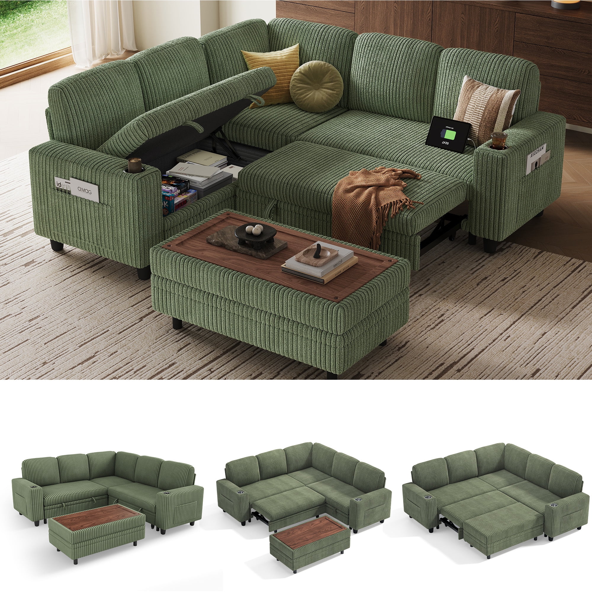 Linsy Home Plush Corduroy Sleeper Sofa Bed with Storage Seat, Pull Out ...
