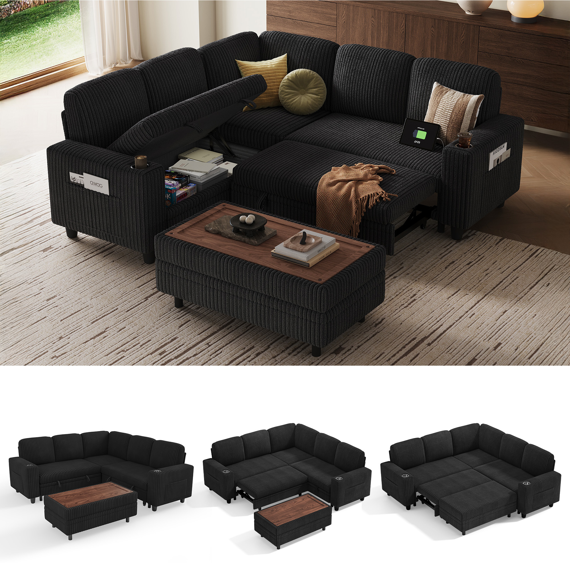 Linsy Home Plush Corduroy Sleeper Sofa Bed with Storage Seat, Pull Out ...