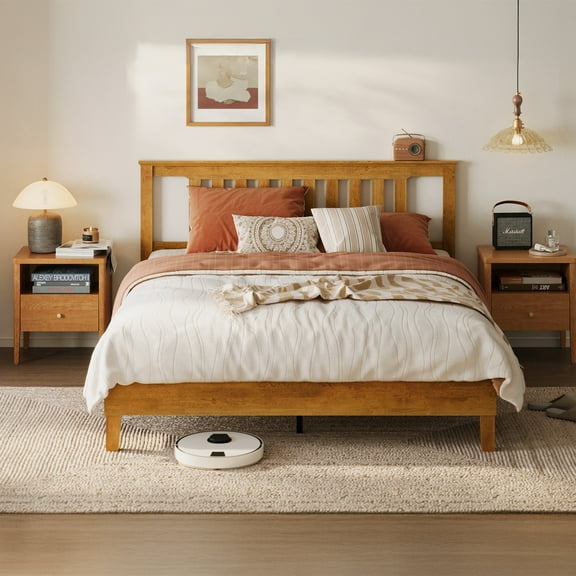 14 Inch Solid Wood King Bed Frame with Wavy Headboard, No Box Spring ...