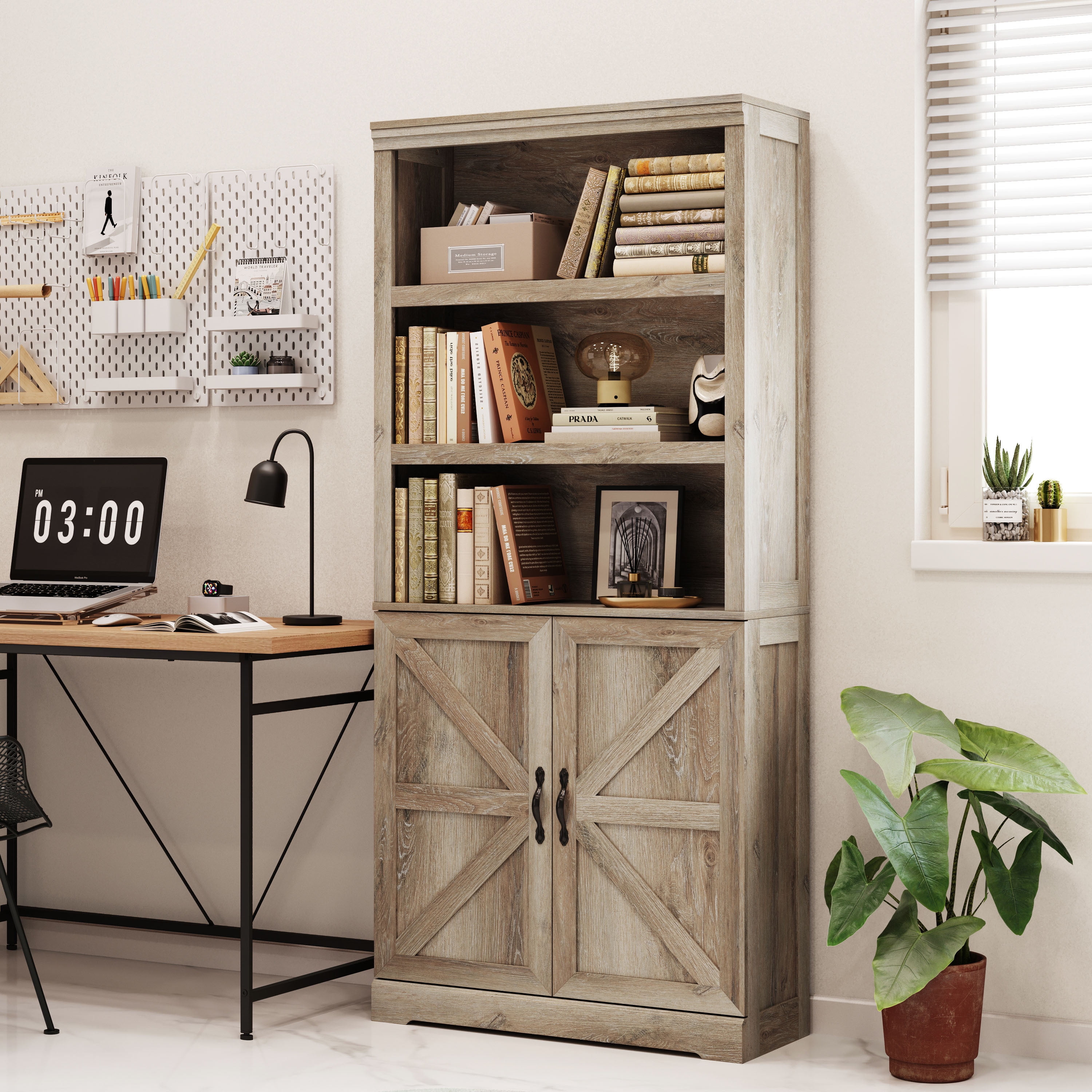 Linsy Home Wooden Brown Bookshelf with Doors,5 Shelf Bookcase With ...