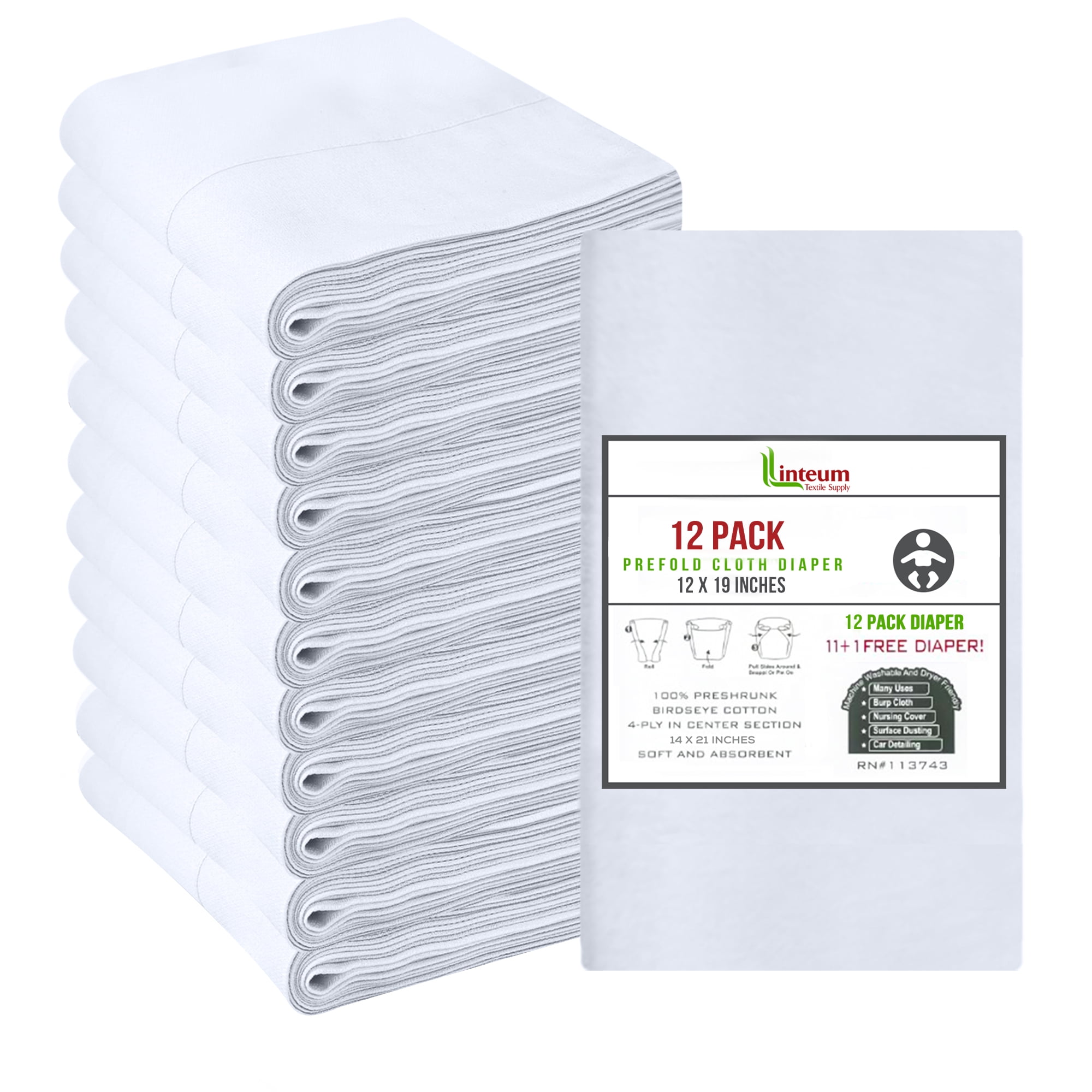 Linteum Textile (12-Pack, 12x19 in.) Baby Diapers, Reusable and ...