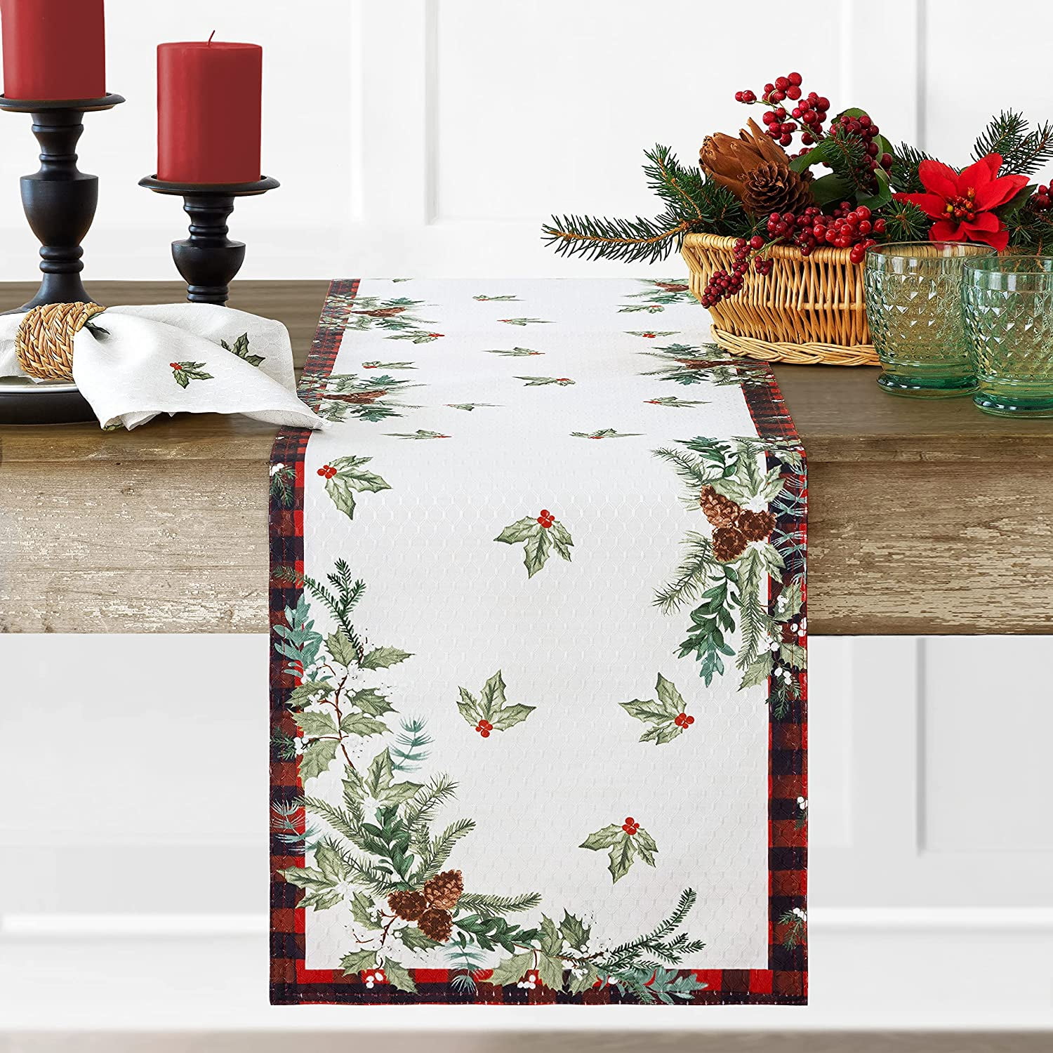 Christmas Aspen Red Black Plaid and Garland Bordered 70 inch Long ...