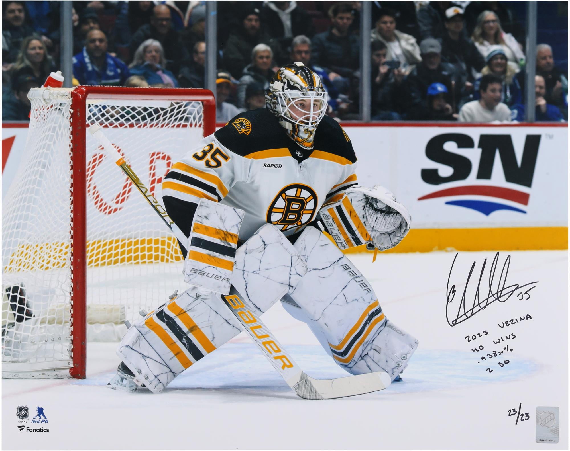 Linus Ullmark Boston Bruins Autographed 16" x 20" White Jersey in Net ...