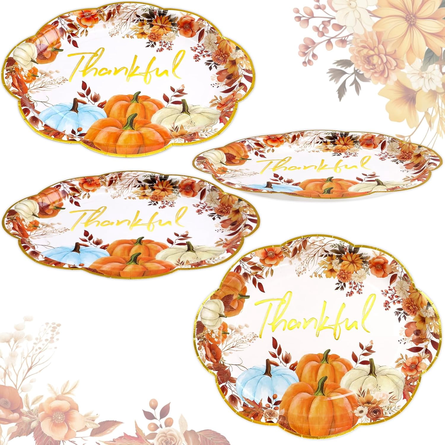 Linyan-24 Pack Thanksgiving Oval Paper Plates Gold Foil 10 x 12 Inches ...