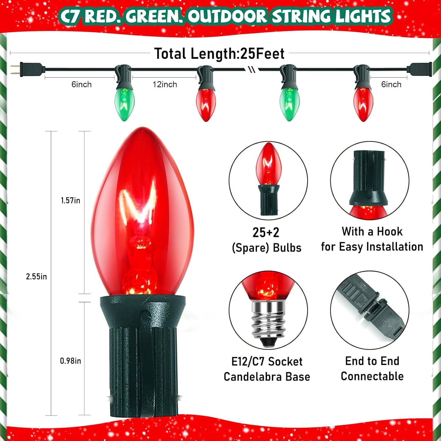 Linyan-25Ft C7 LED Christmas string Lights, C7 Outdoor Frosted White ...