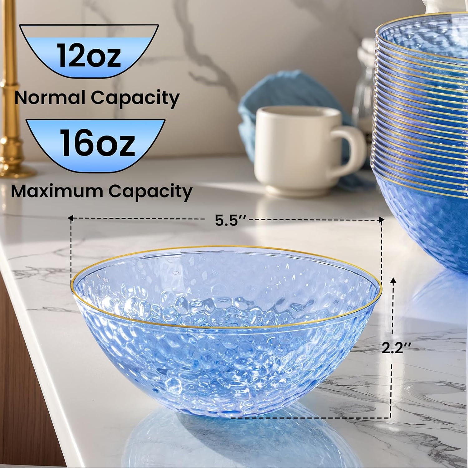 Linyan-50 Pack 12 Ounce Blue Plastic Bowls Hammered Clear Bowl with ...