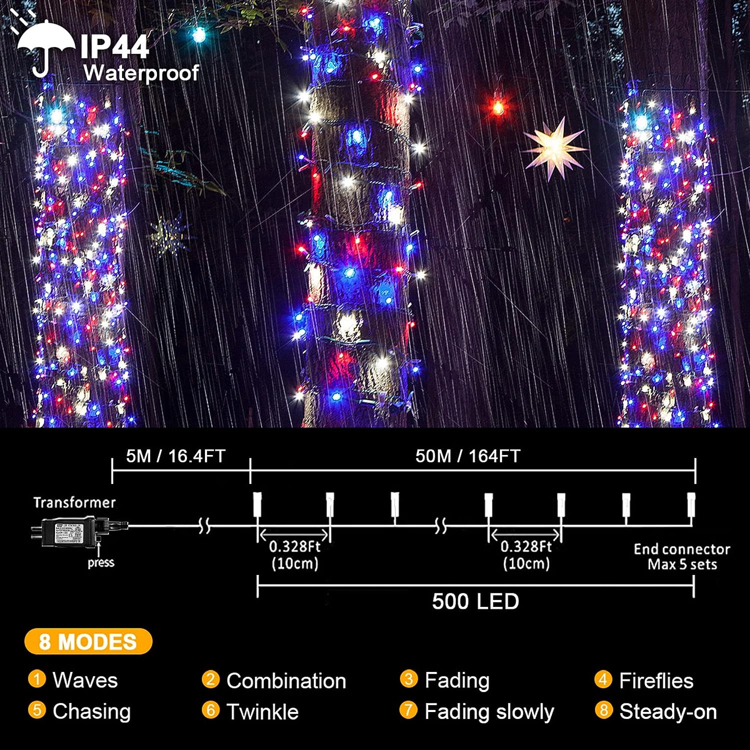 Linyan-500 LED Blue and White Christmas Lights, 164 FT 8 Twinkle Modes ...