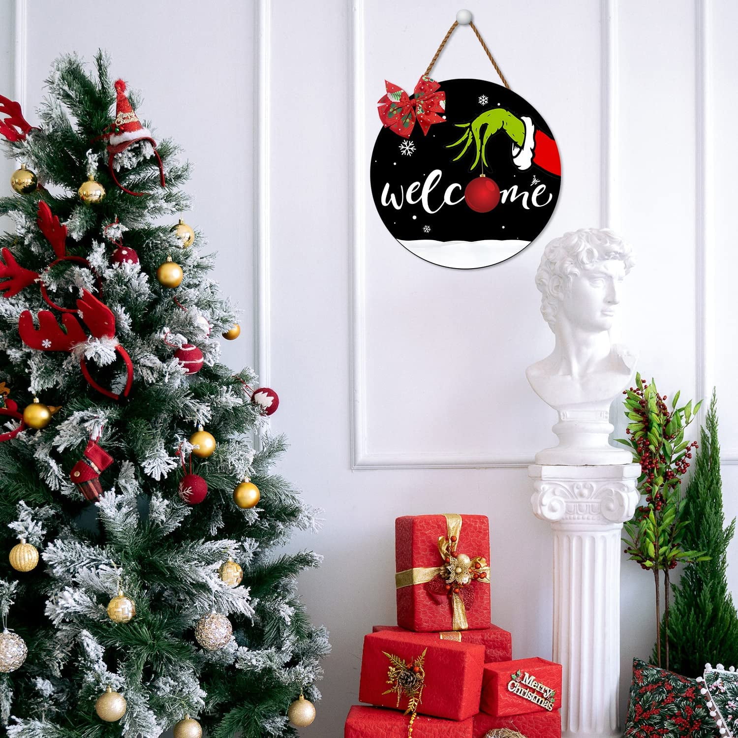 Linyan-Round Christmas Welcome Sign for Front Door, Merry Christmas ...
