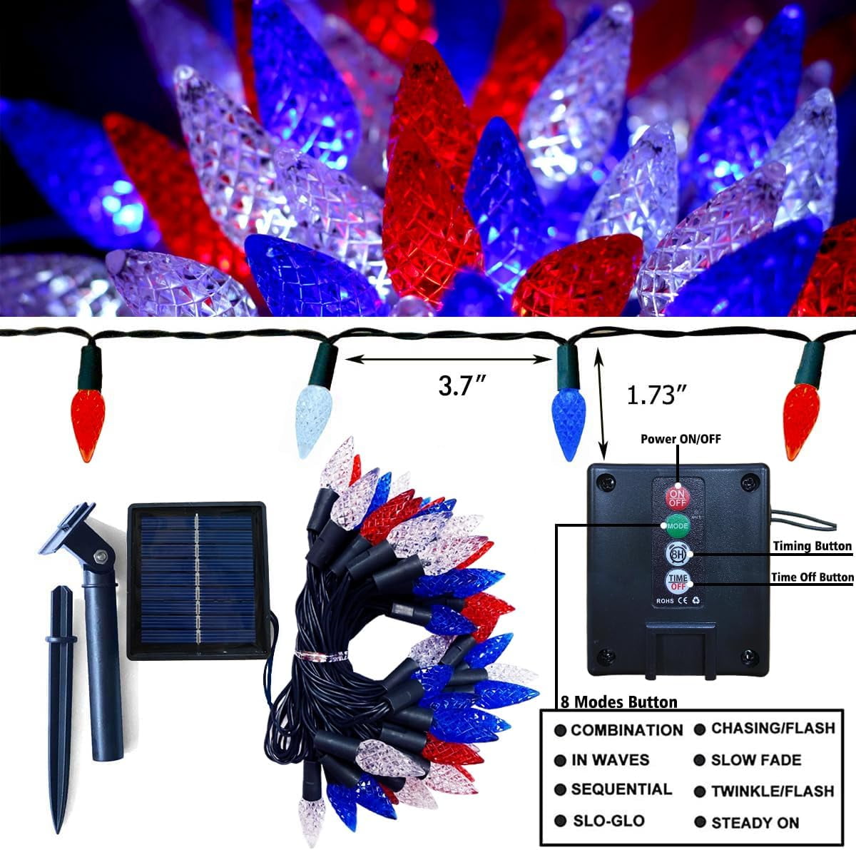 Linyan-Solar Christmas String Lights, 50 LED 8 Modes C6 Strawberry ...