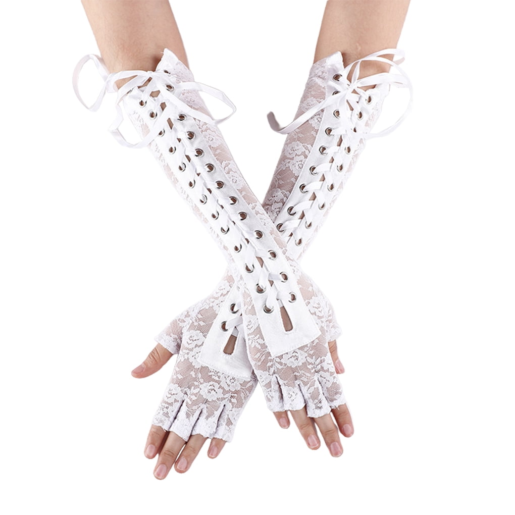 Linyer Lace Gloves Long Ribbon Elbow Length Half-Finger Hollow Out ...