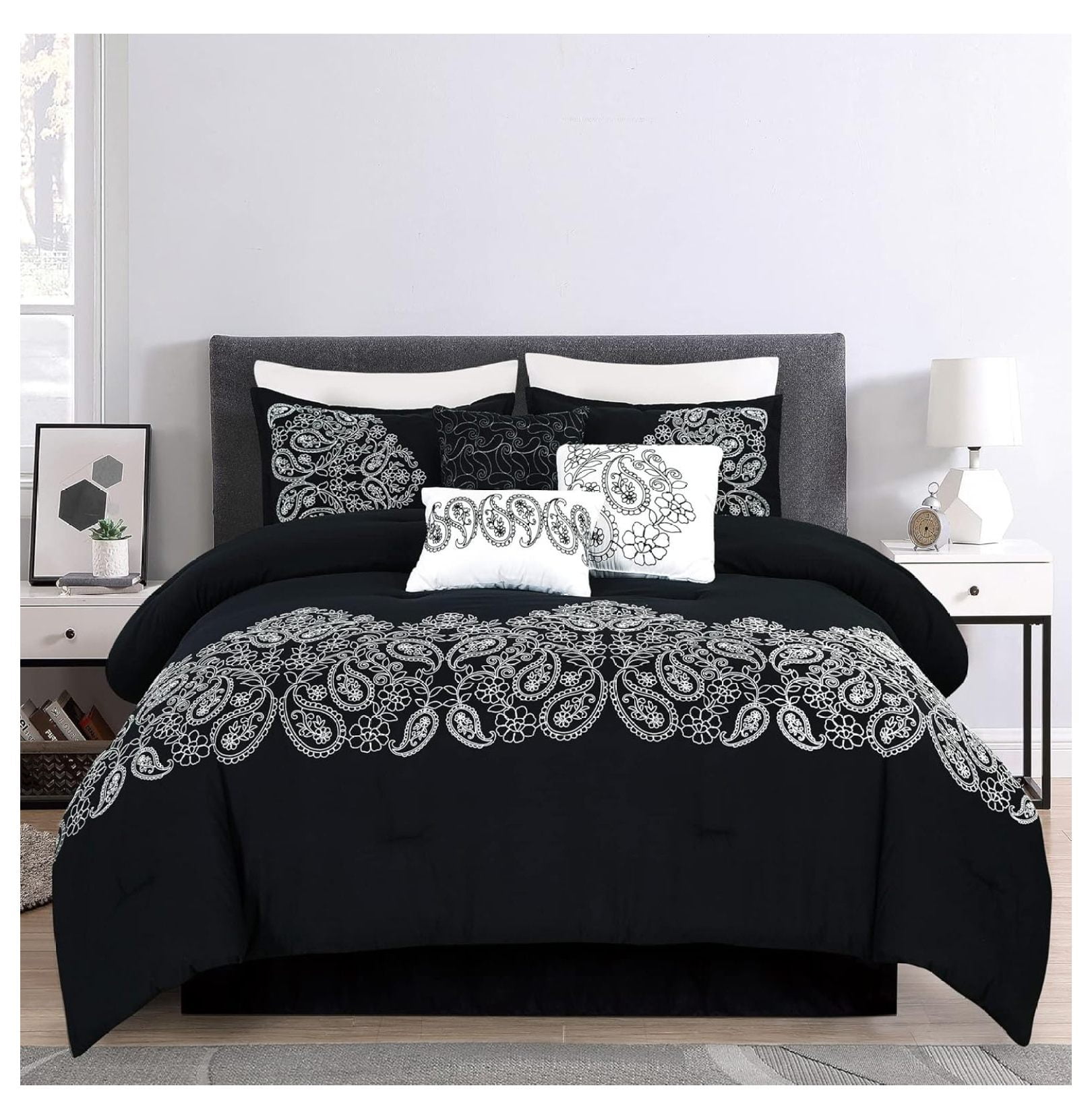 Linz 7-Piece Black/White Paisley Floral Scroll Embroidered Comforter ...